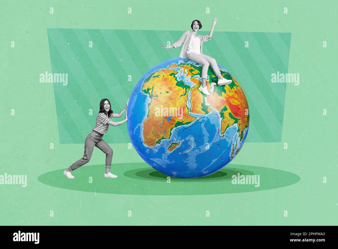 Big round planet protection concept collage two girls take care ...