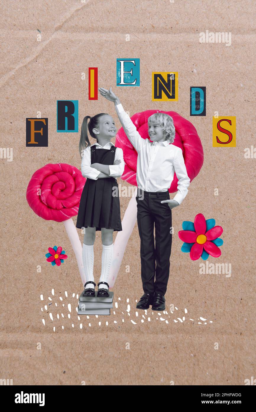 Vertical creative concept collage 3d photo of small young school kids ...