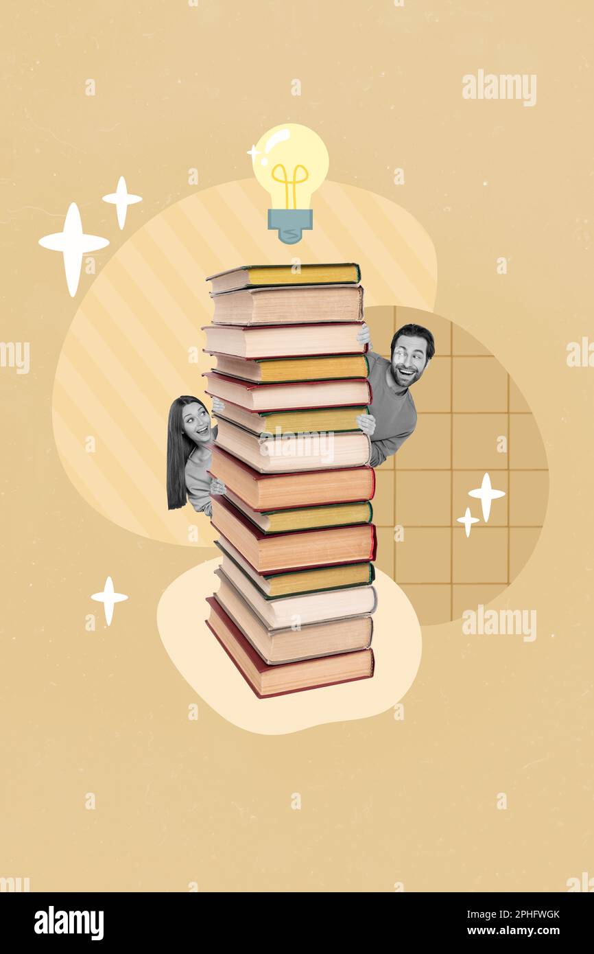 Girl ang guy playing hide and seek in big library hiding behind huge ...