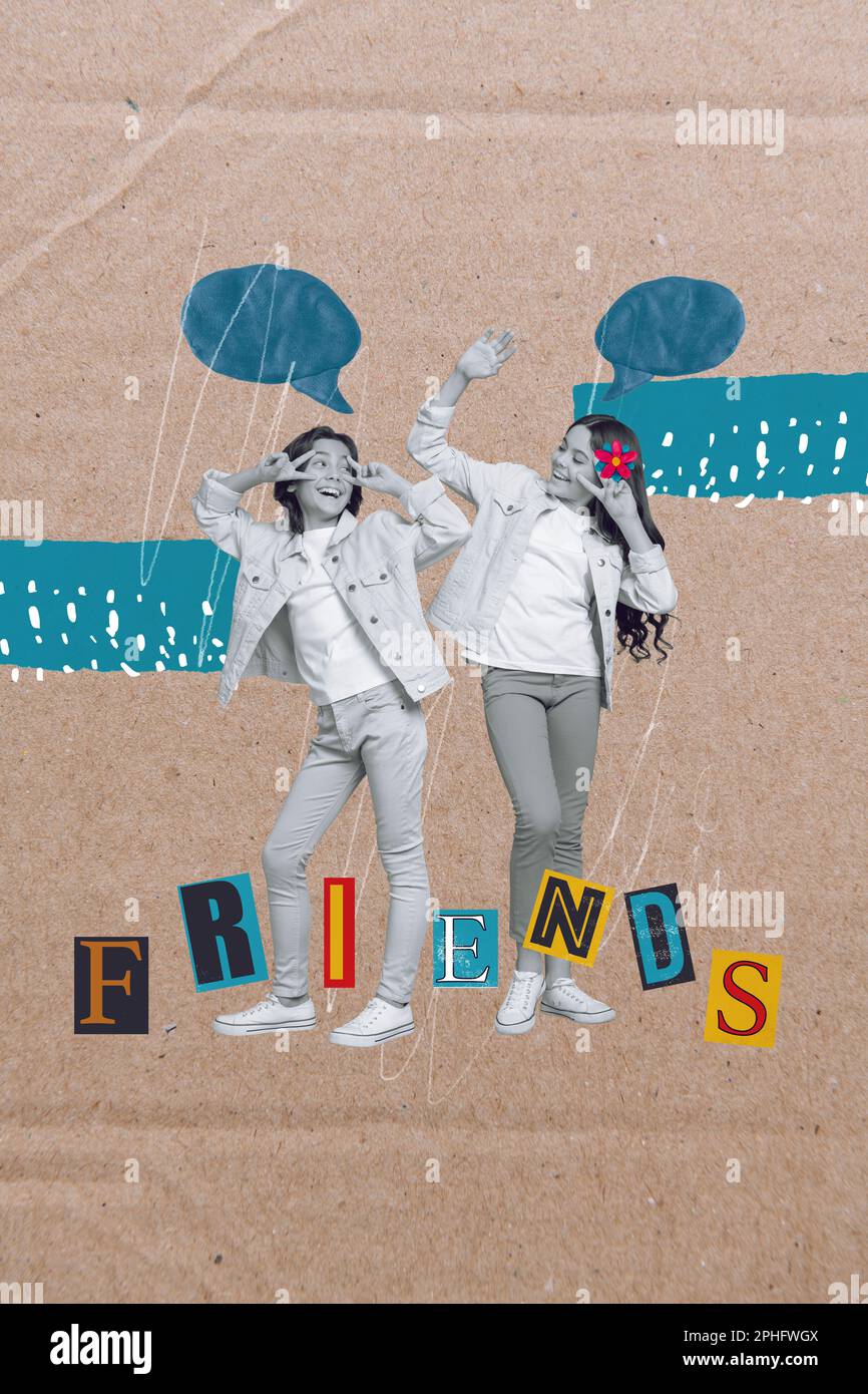 Collage artwork graphics picture of funny funky children communicating ...