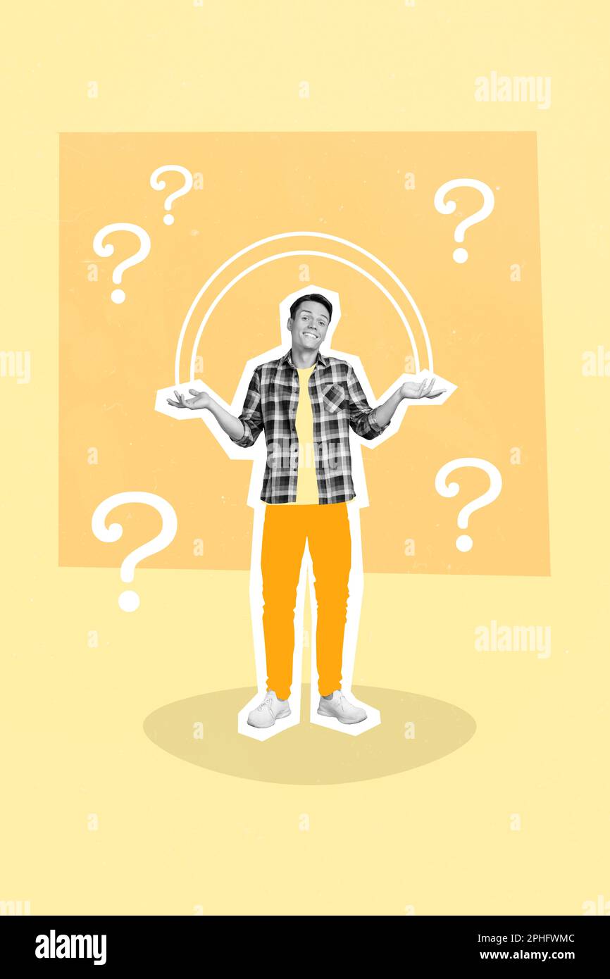 Magazine template collage of funny young man have many questions marks ...