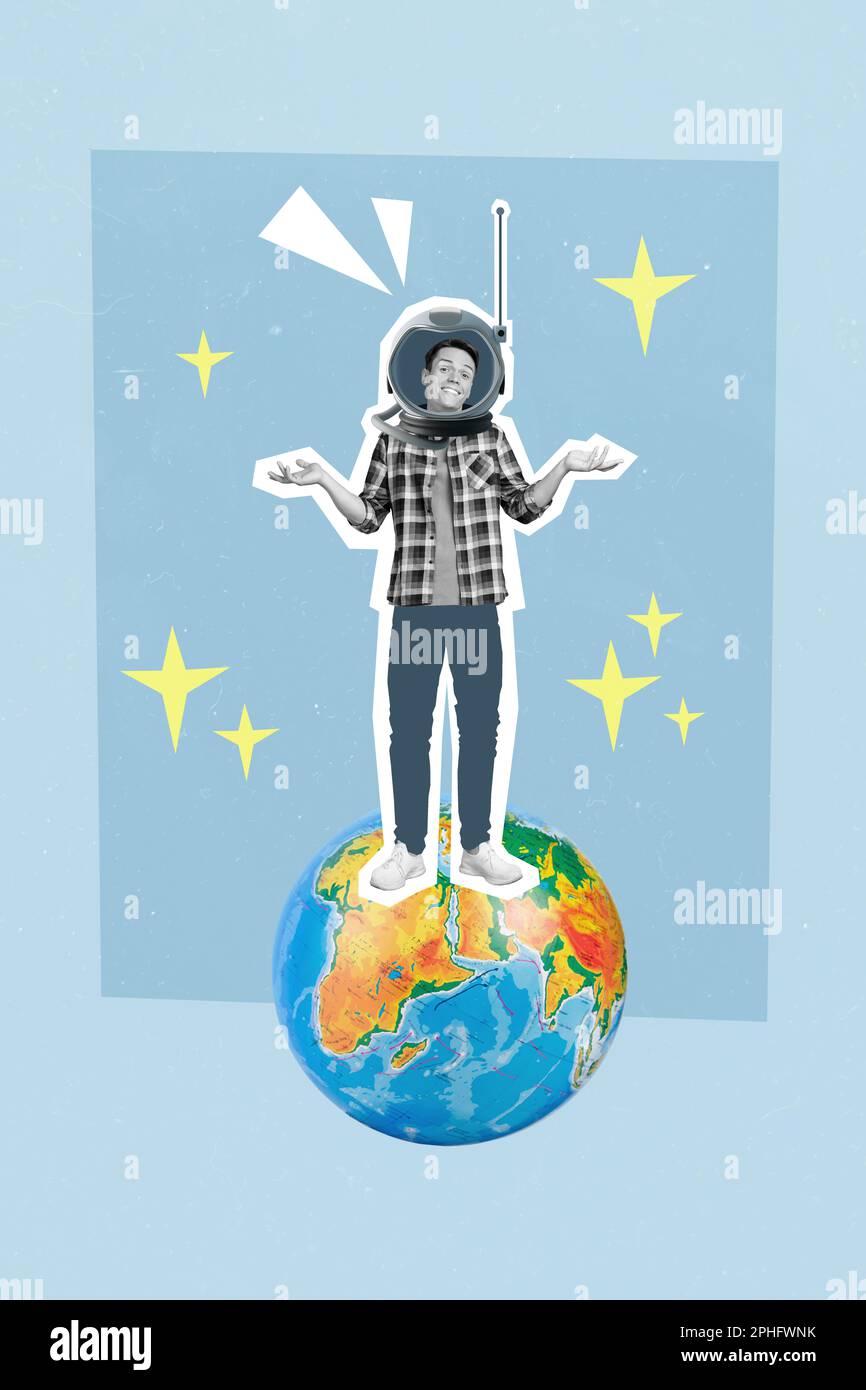 Creative poster banner template collage of confused astronaut man shrug ...
