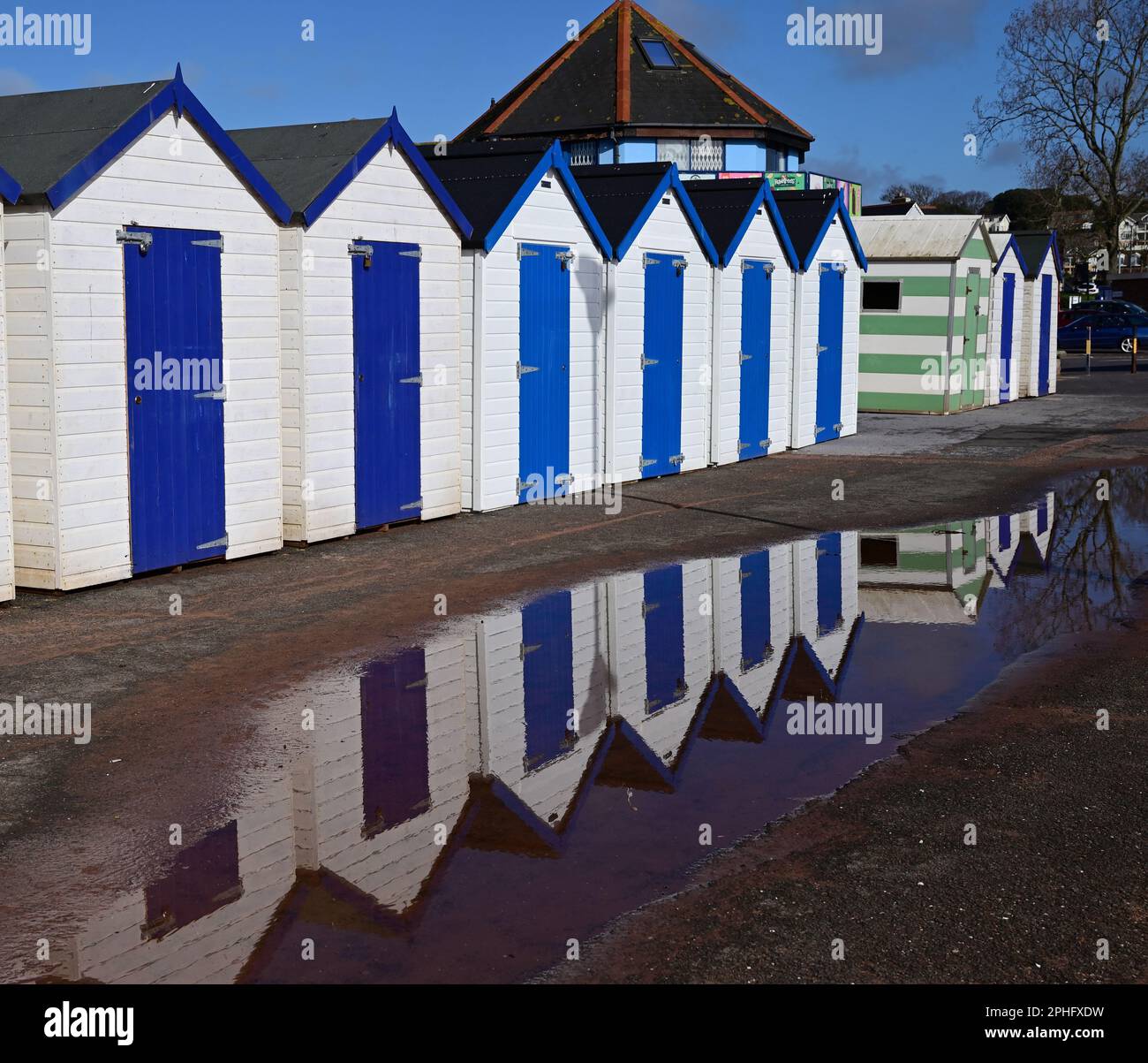 Beach hut reflections at Goodrington Sands, South Devon Stock Photo - Alamy