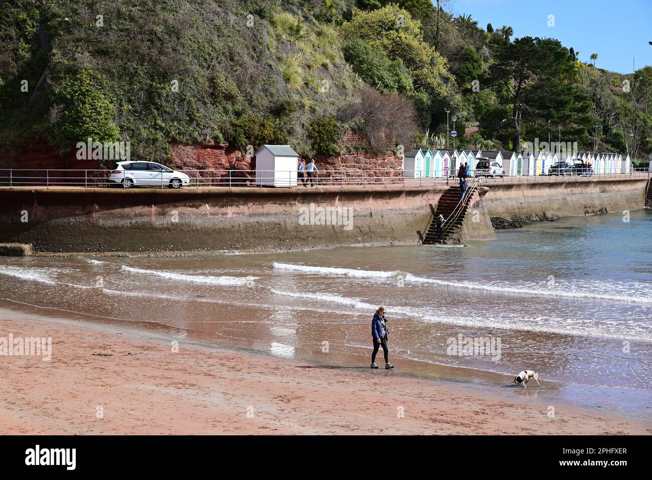 A beach hut and car moving along the narrow promenade at Goodrington ...