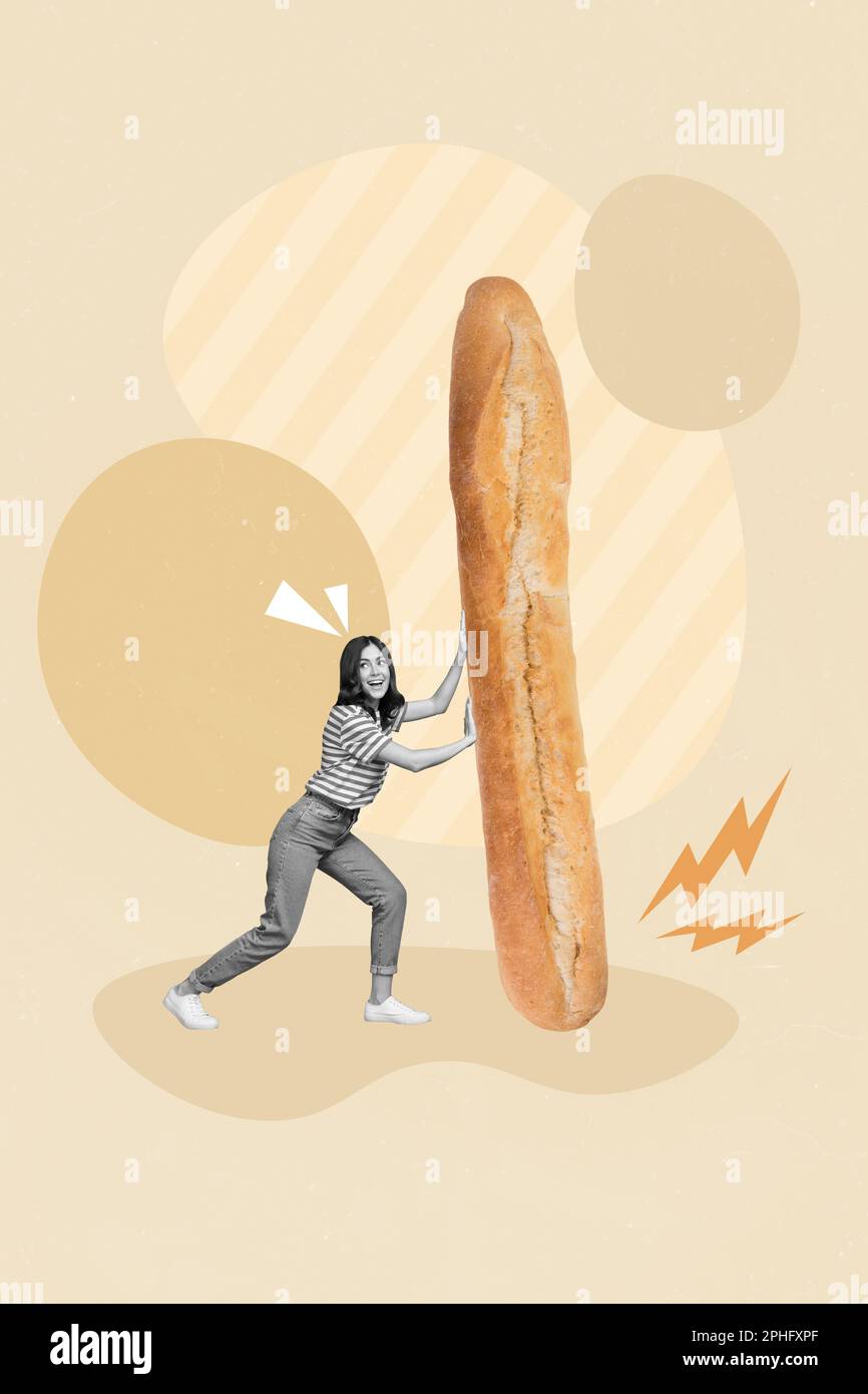 Creative picture collage of funky young lady carry big long baguette ...