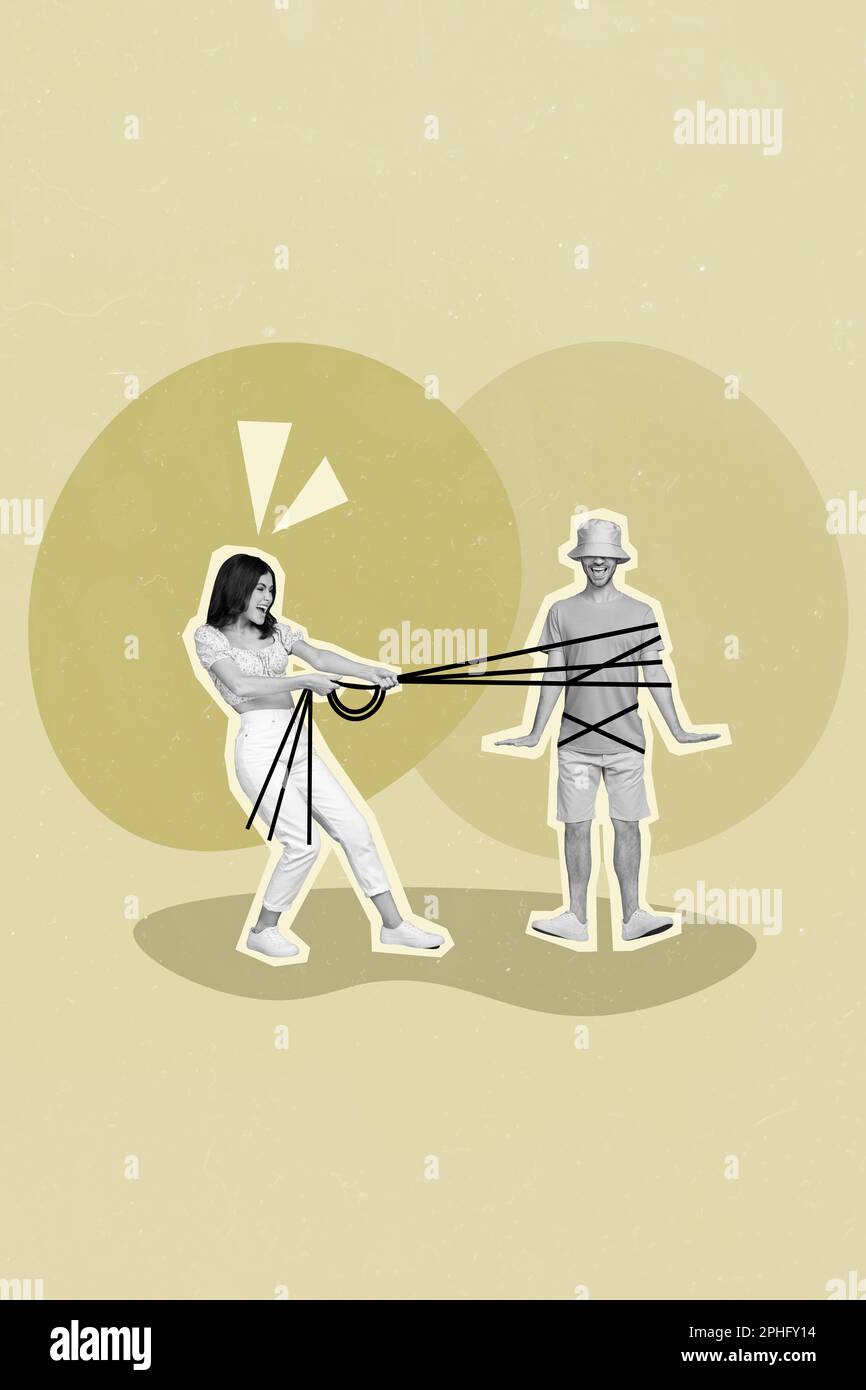 Poster banner collage of strong woman trap guy with string ropes girls ...