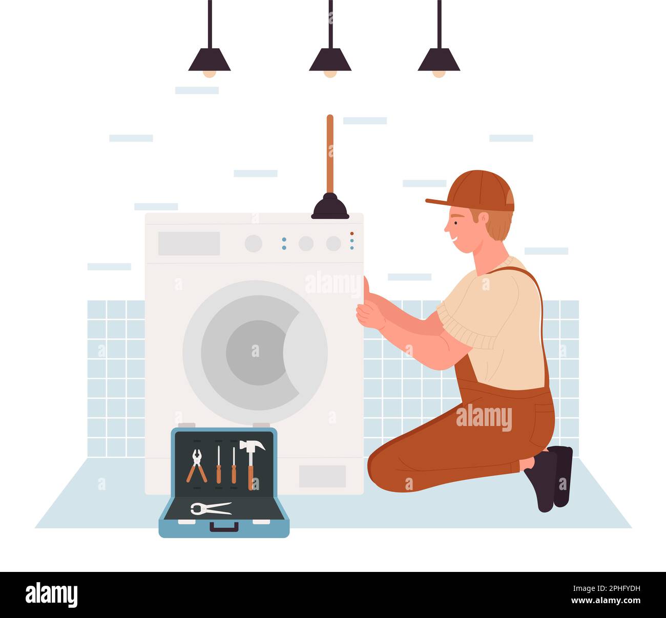 Repairman fixing washing machine. Plumber service, renovation workman ...