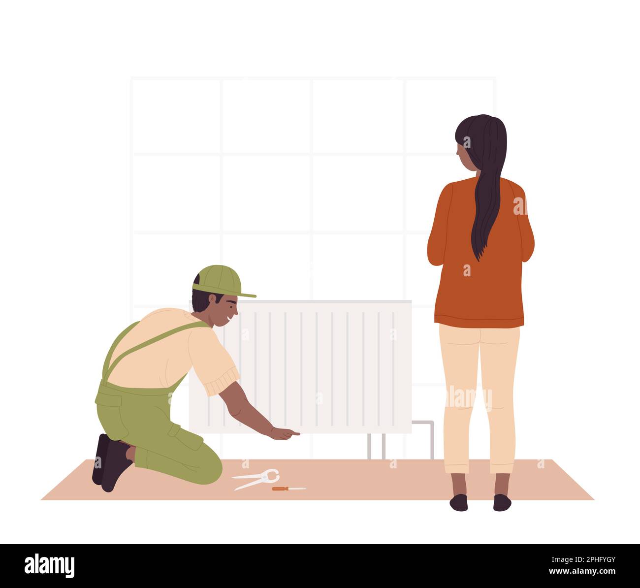 Workman repairing radiator. House fixing handyman, renovation service ...