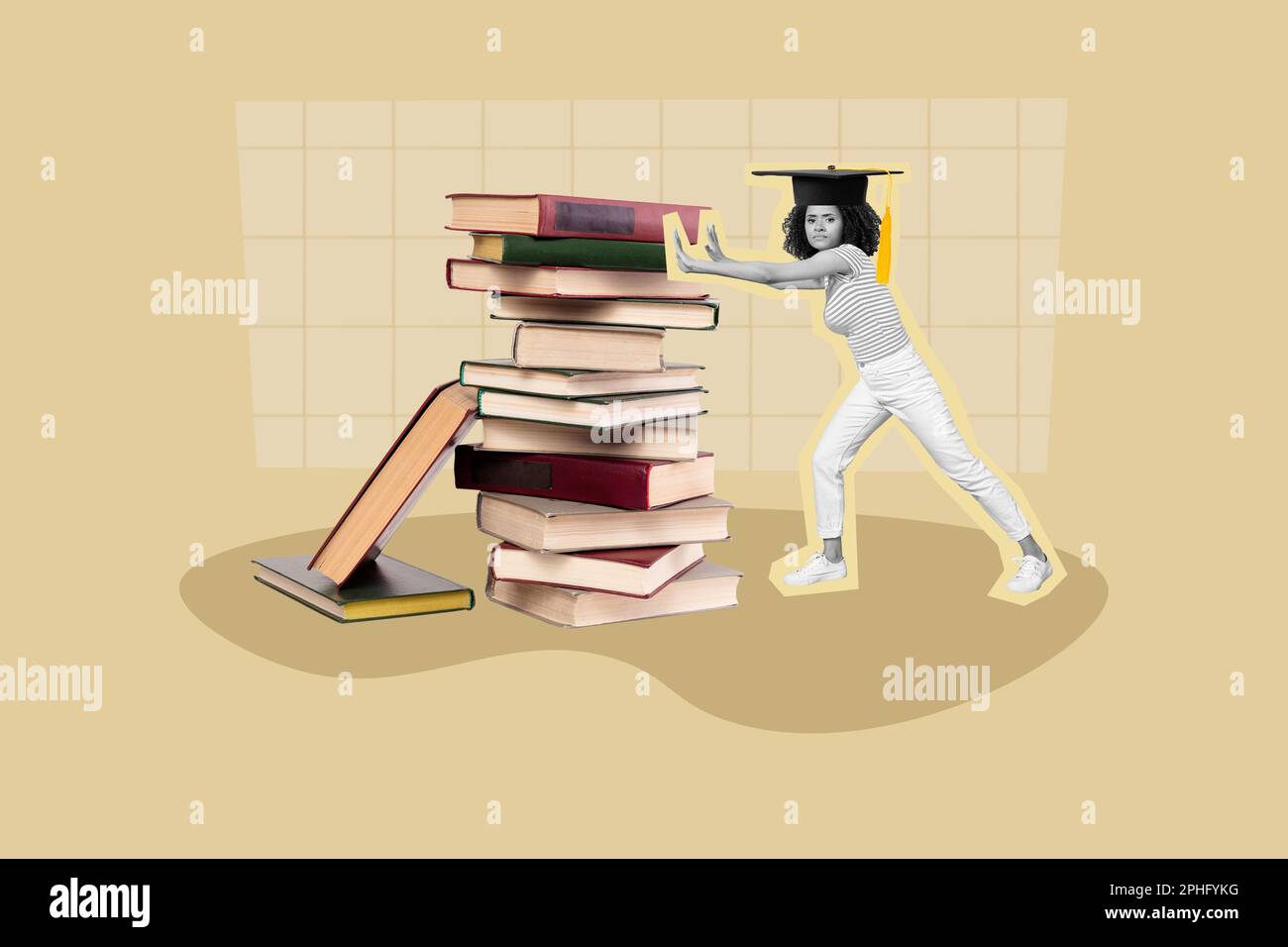 Creative collage of young student female pushing big book stack working ...