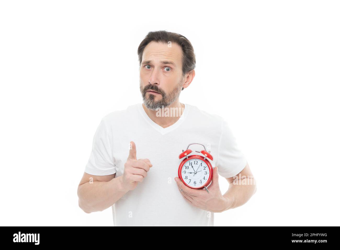 confused man with alarm clock isolated on white. man with alarm clock ...