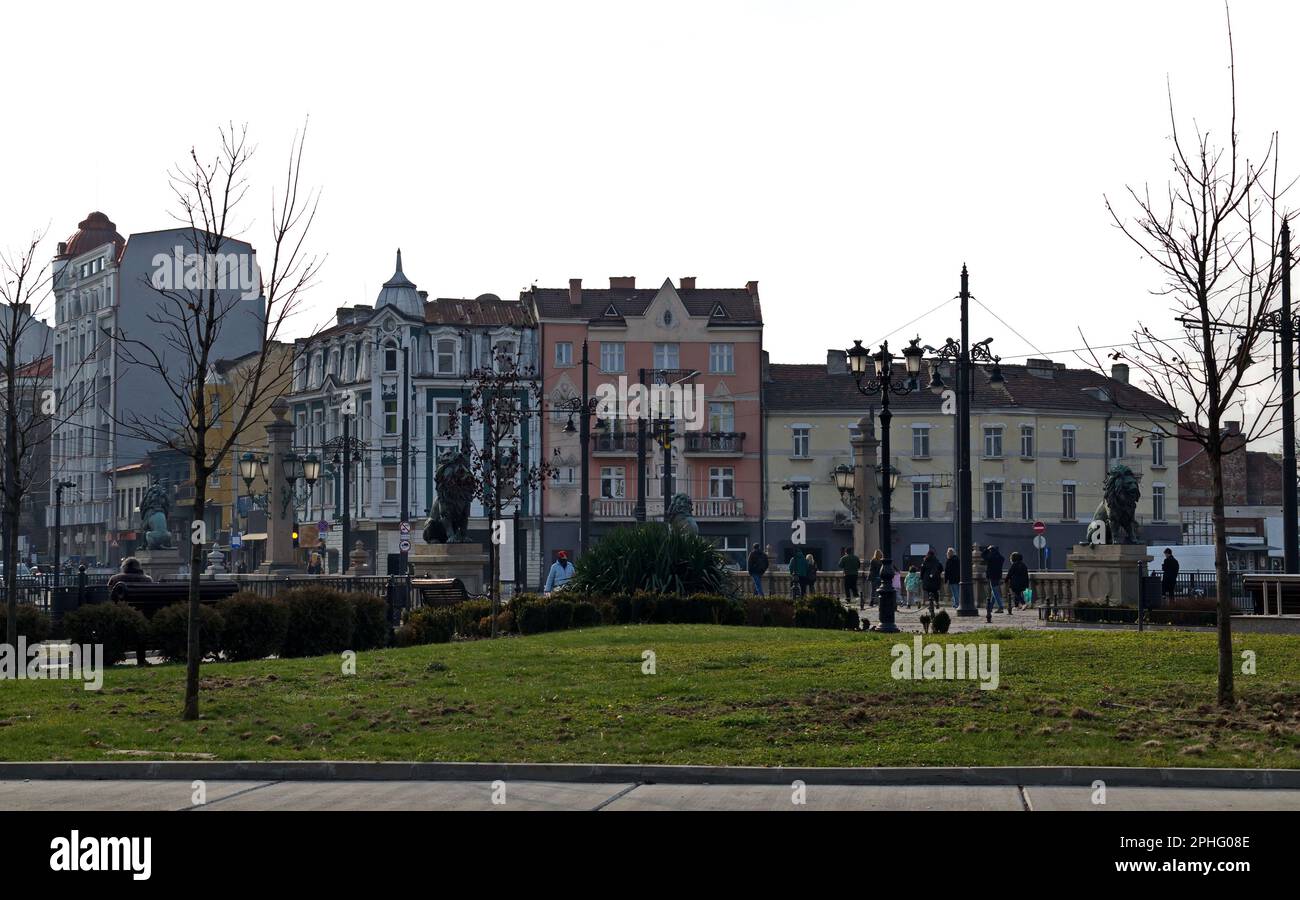 Panoramic view of Lion`s Bridge over Vladaya river from 1889 with lion ...