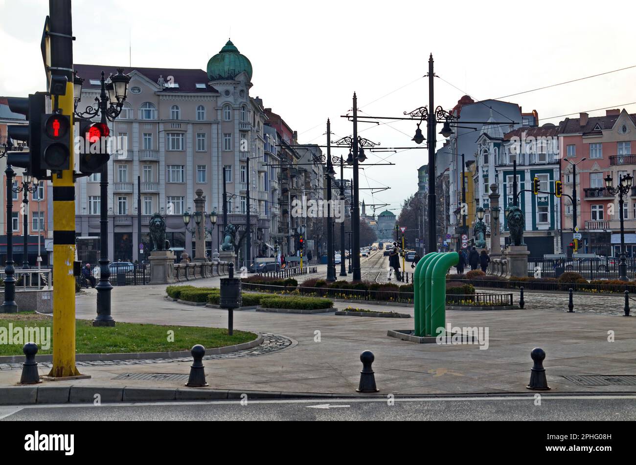 Panoramic view of Lion`s Bridge over Vladaya river from 1889 with lion ...