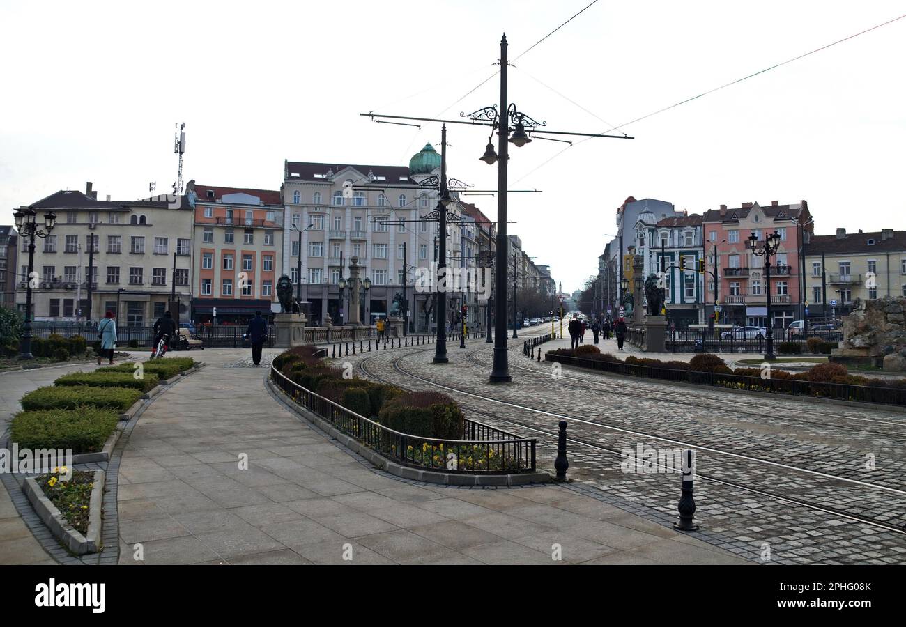Panoramic view of Lion`s Bridge over Vladaya river from 1889 with lion ...