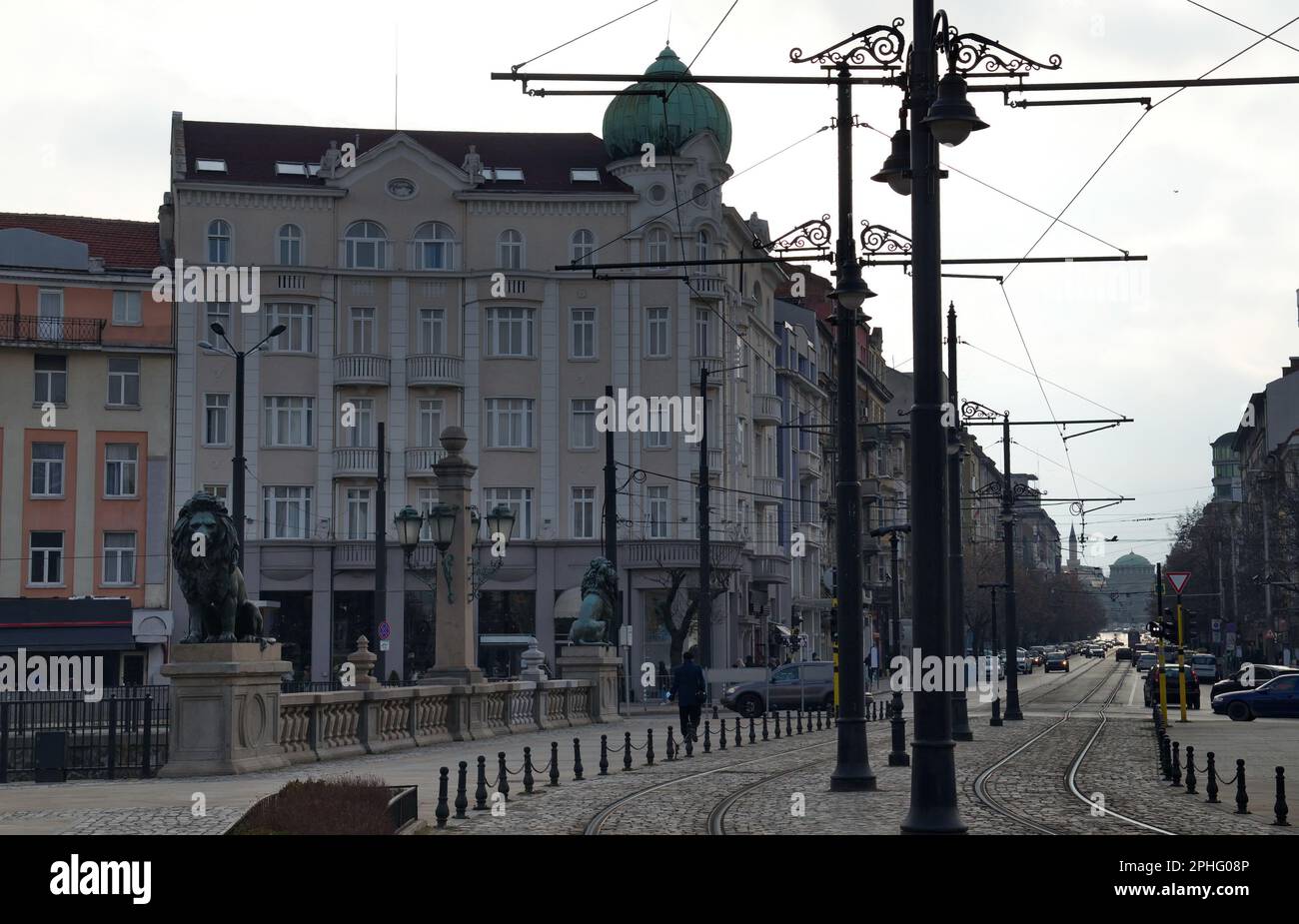 Panoramic view of Lion`s Bridge over Vladaya river from 1889 with lion ...
