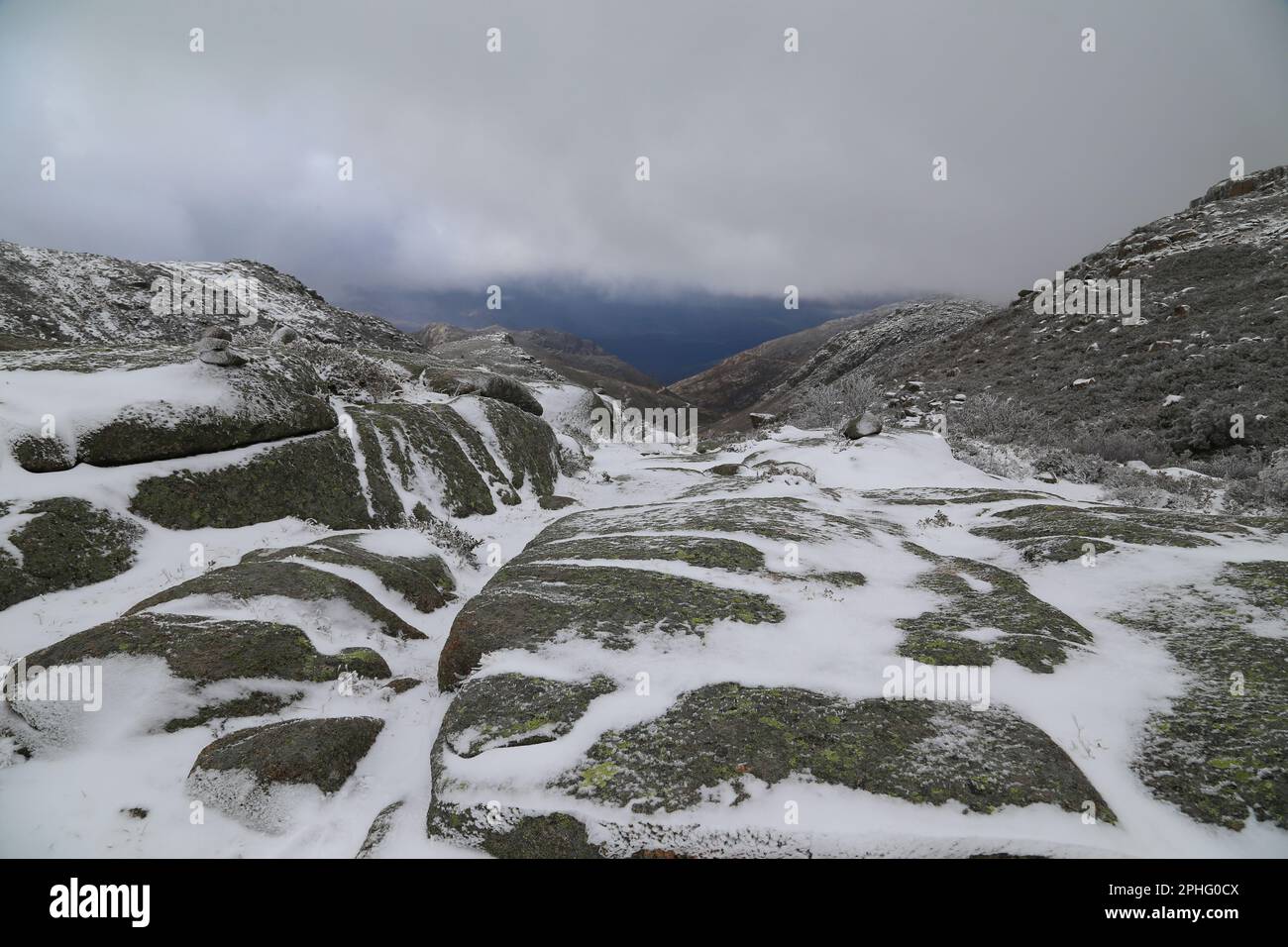Winter landscape with snow in mountains of Serra do Geres natural park ...