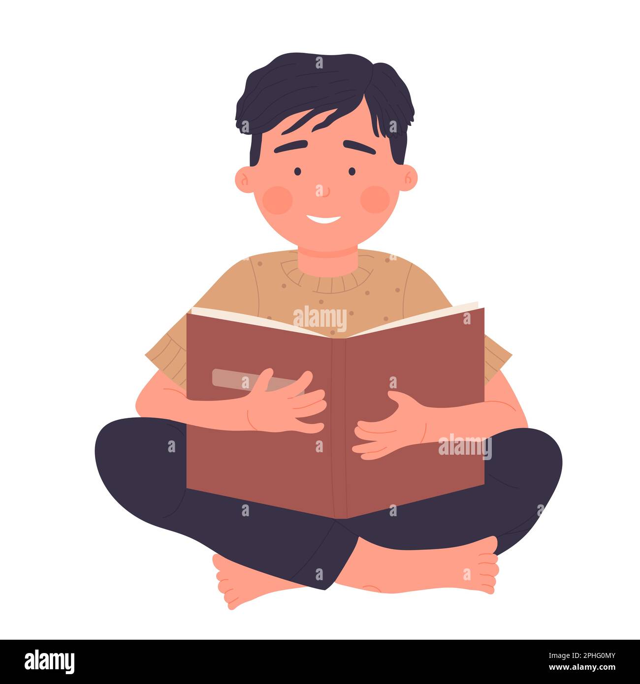 Smiling boy reading book. Reading hobby activity, school pupil homework ...