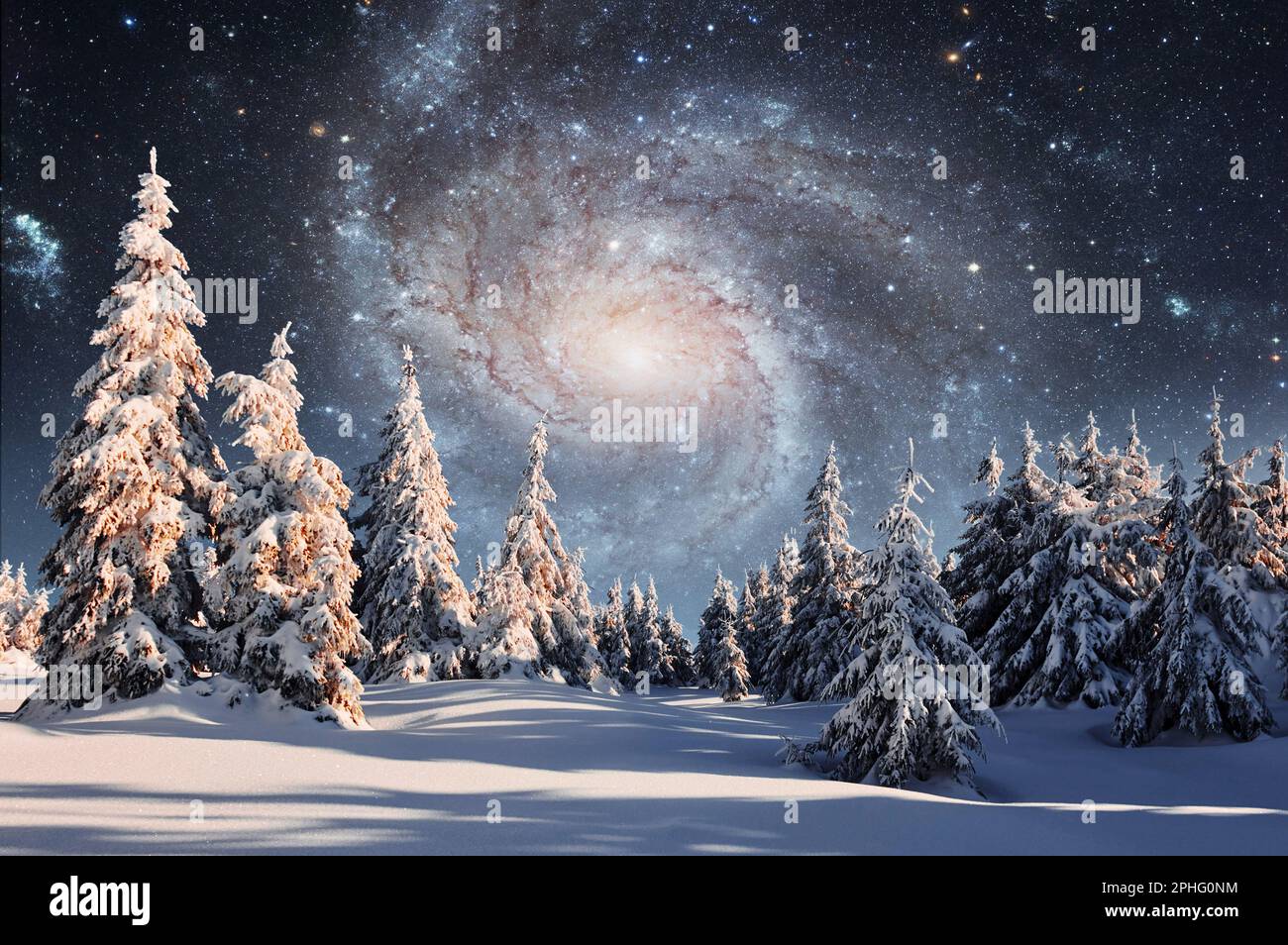 Starry sky in winter snowy night. Big milky way. Majestic landscape ...