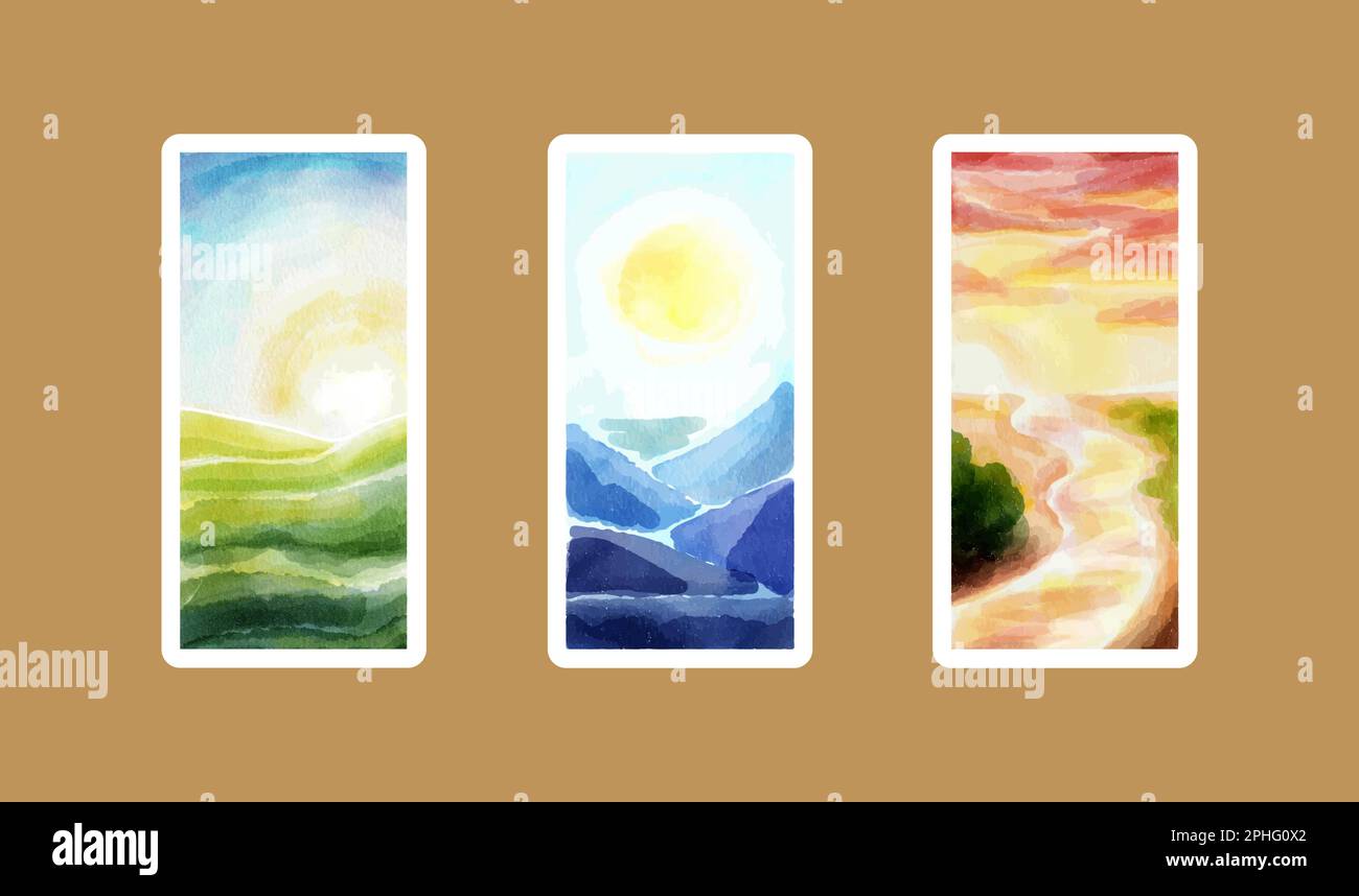 Watercolor landscapes, summer nature views and sun Stock Vector Image ...