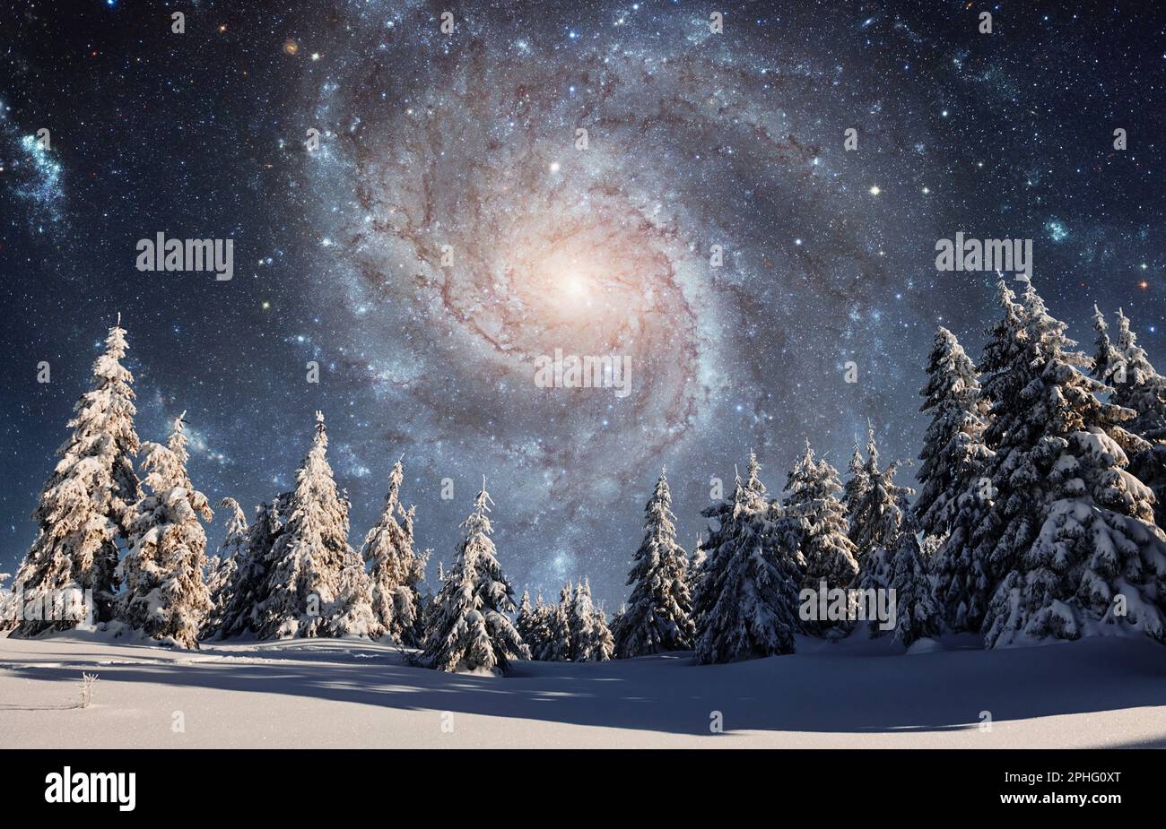 Starry sky in winter snowy night. Big milky way. Majestic landscape ...