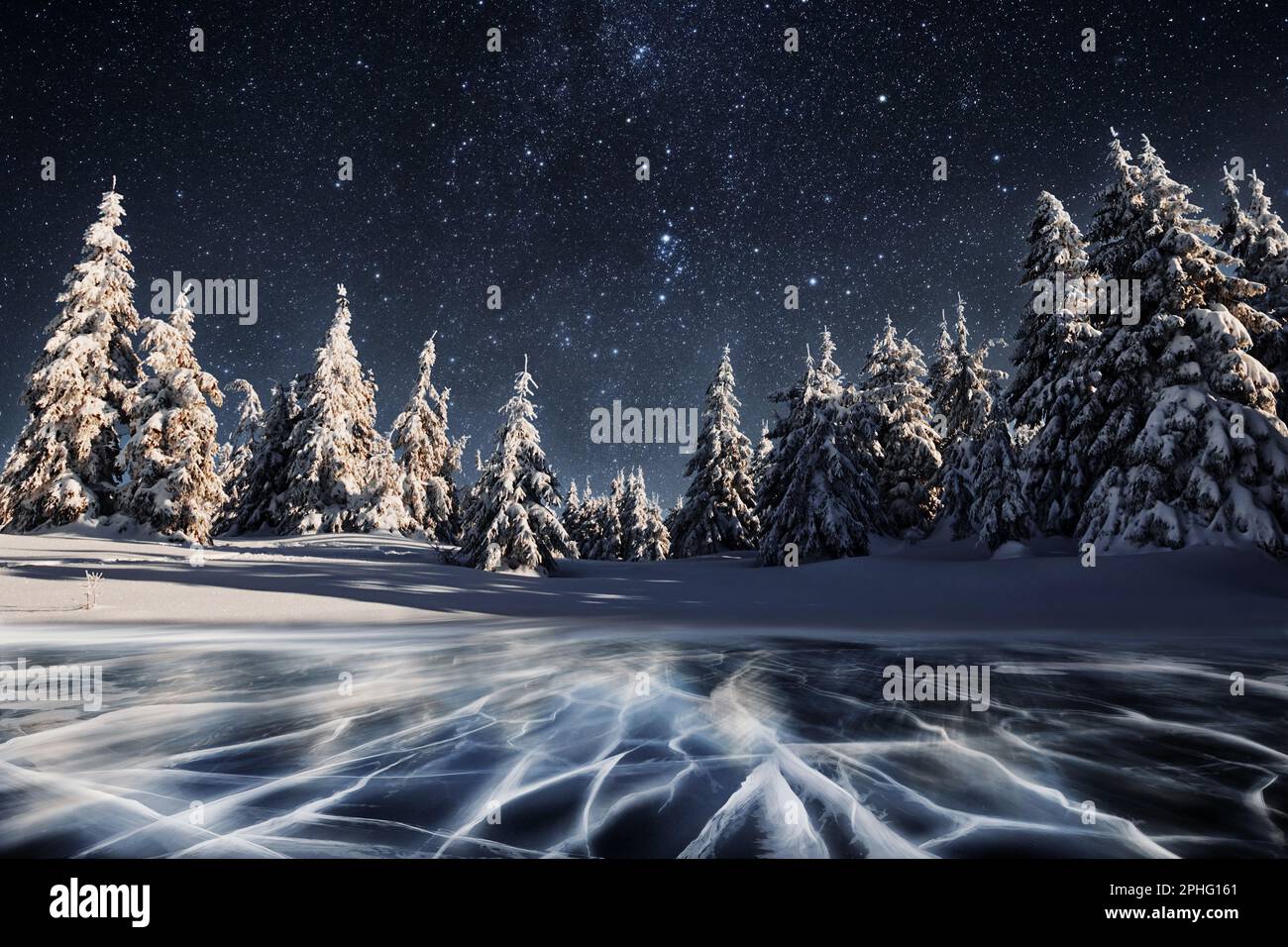 Starry sky in winter snowy night. Majestic landscape. Courtesy of NASA ...