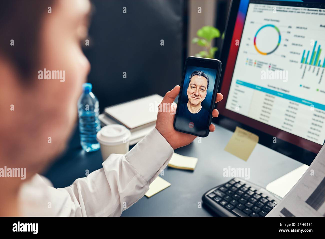 Man entrepreneur having business conversation, video chat on mobile ...