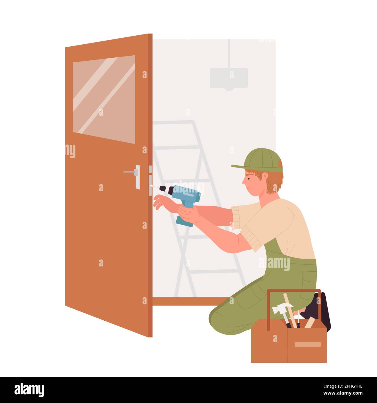 Construction worker repairing door Cut Out Stock Images & Pictures - Alamy