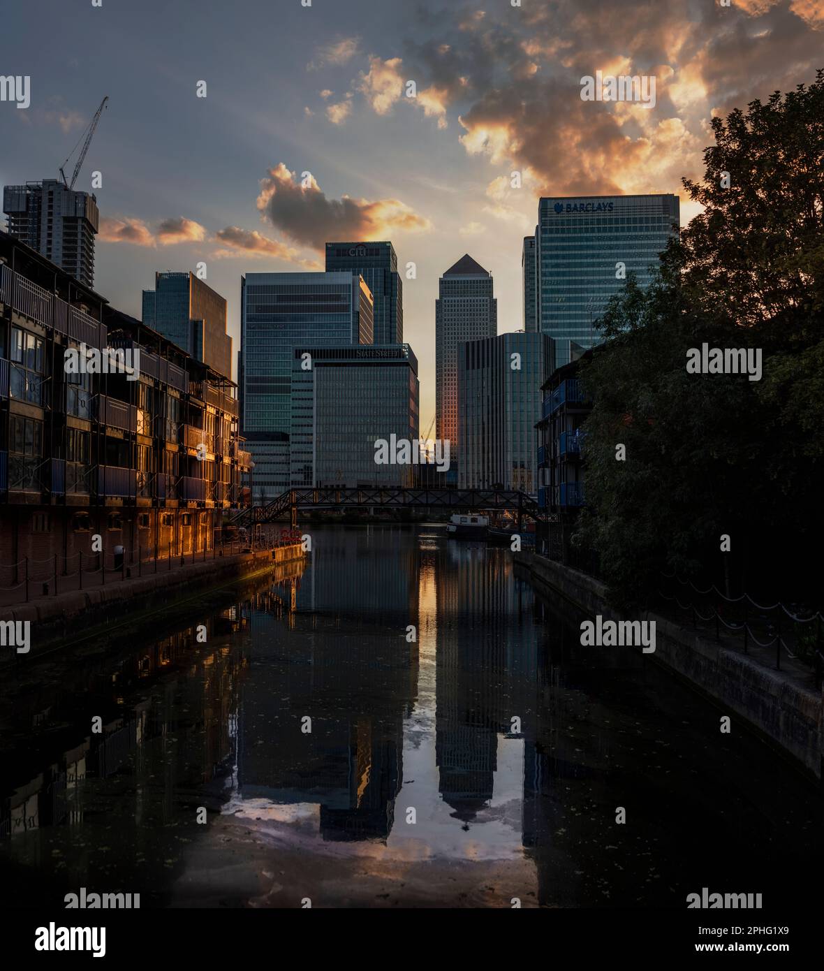 Canary Wharf at dusk, looking across Blackwall Basin from near the ...