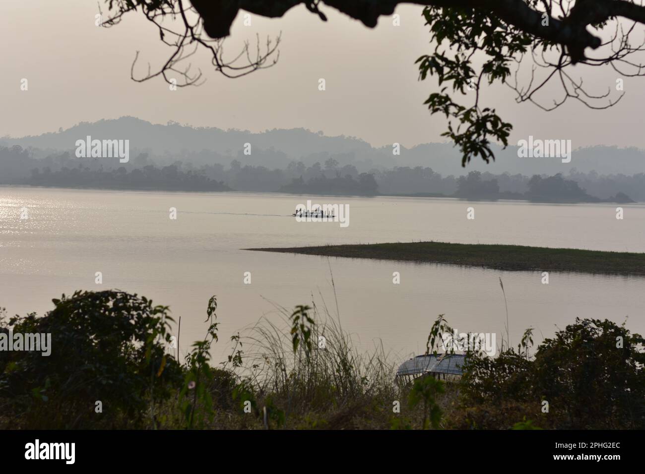 A boat in Dumboor lake of Tripura , India . With clear water Stock ...