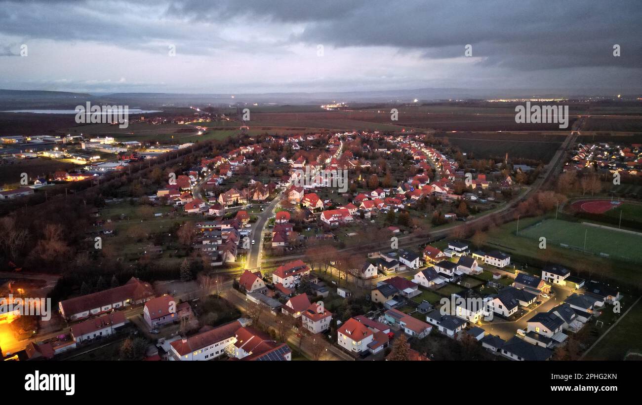 Aerial view of city skyline at night, illuminated with bright city ...