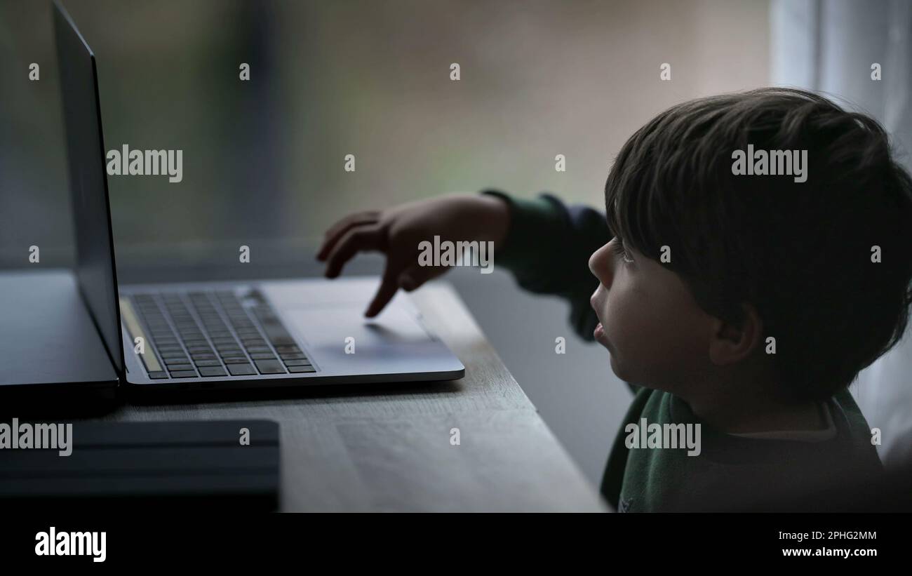Little boy using computer at home. Child trying to male laptop work ...