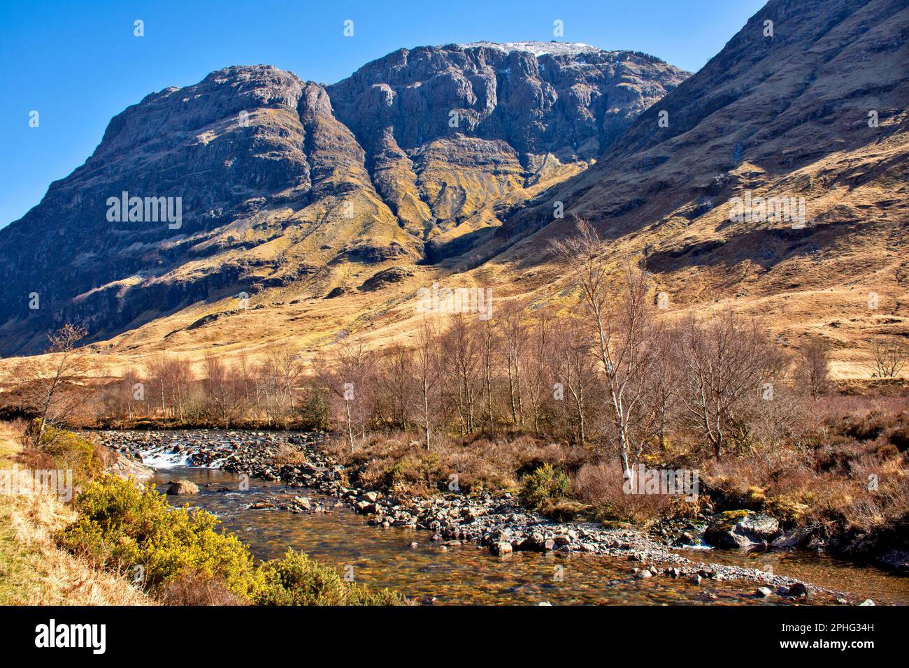 Glen Coe Highland Scotland River Coe and view of the mountains snow ...