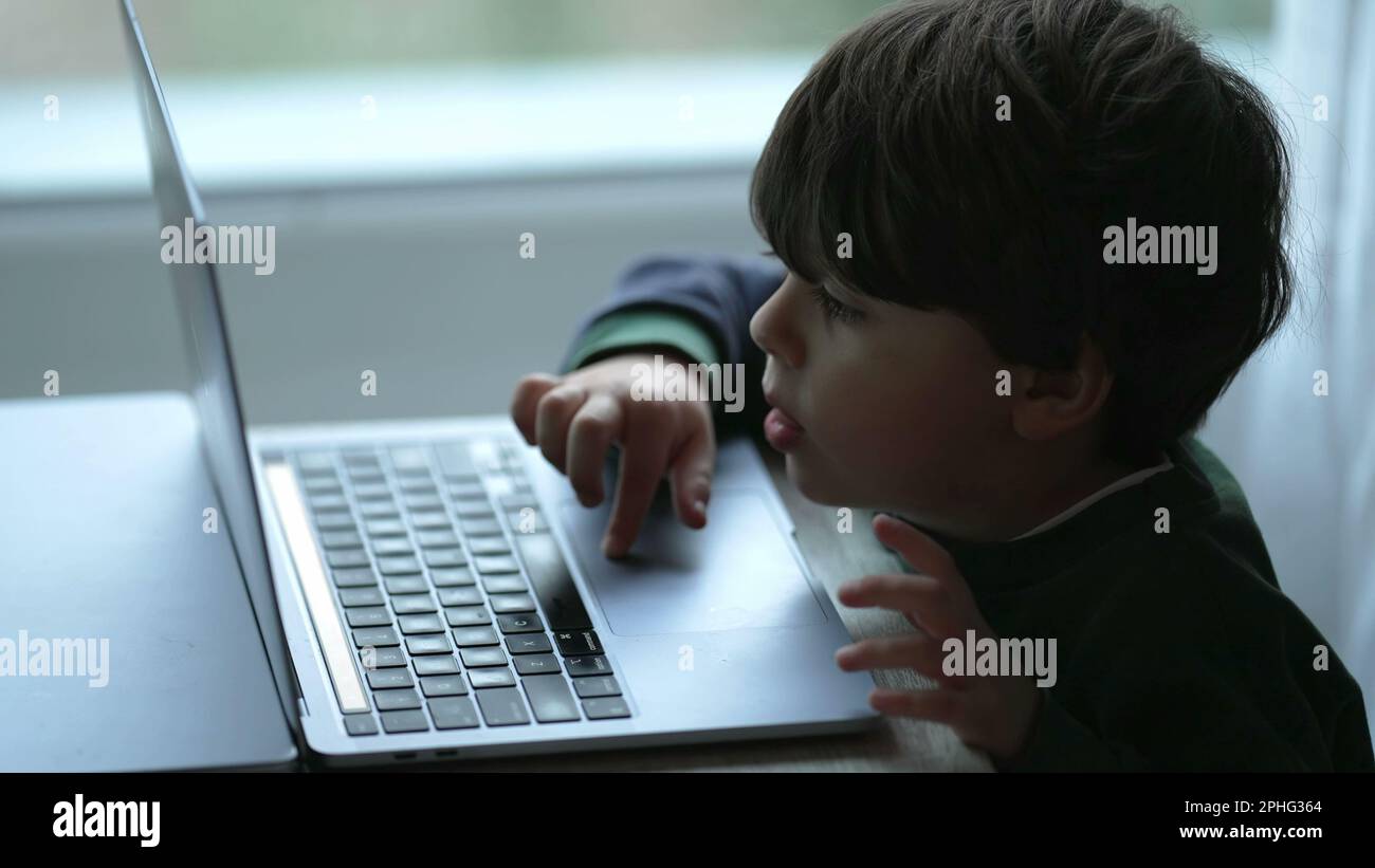 Small boy using laptop computer at home. Child in front of modern ...