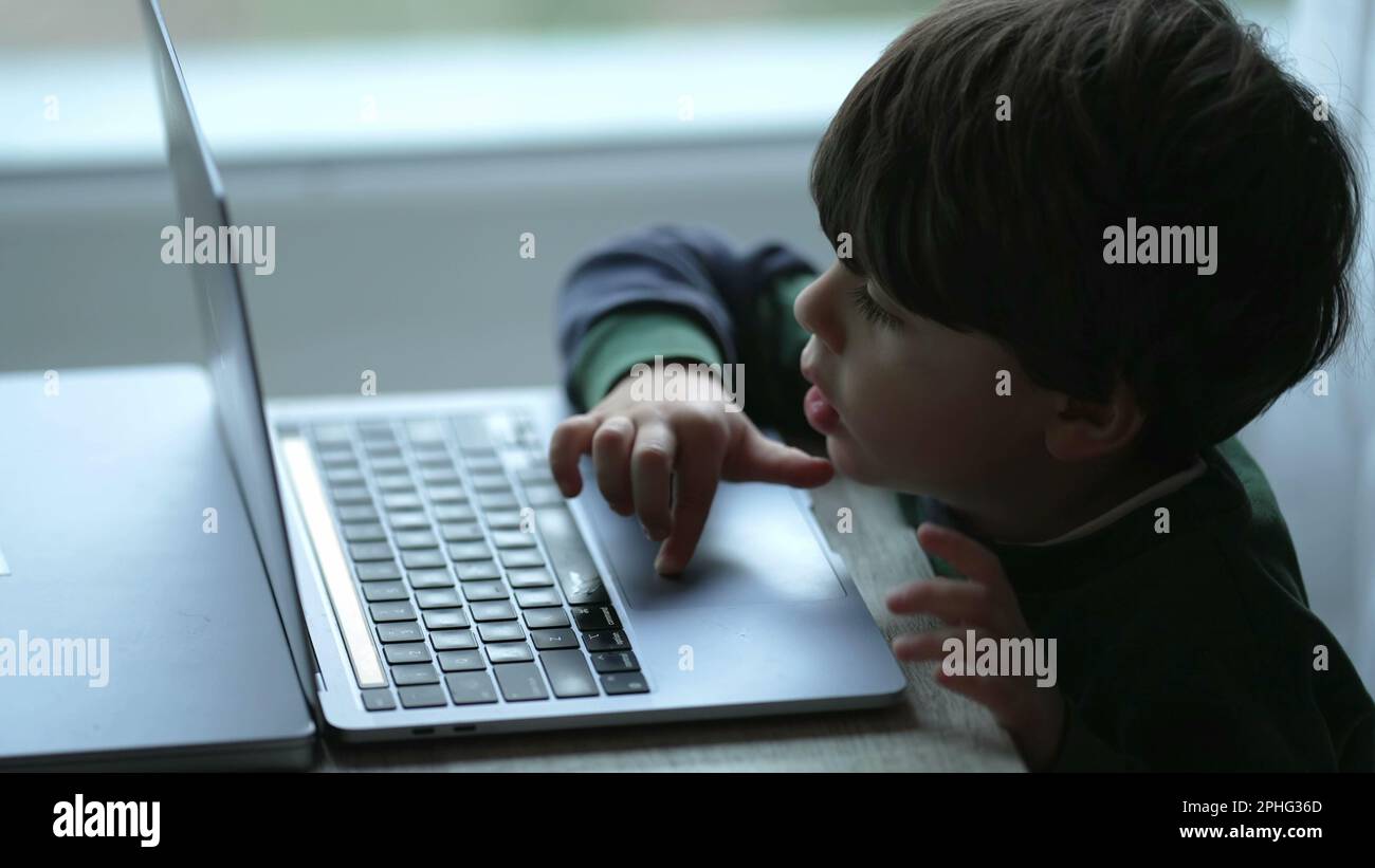 Small boy using laptop computer at home. Child in front of modern ...