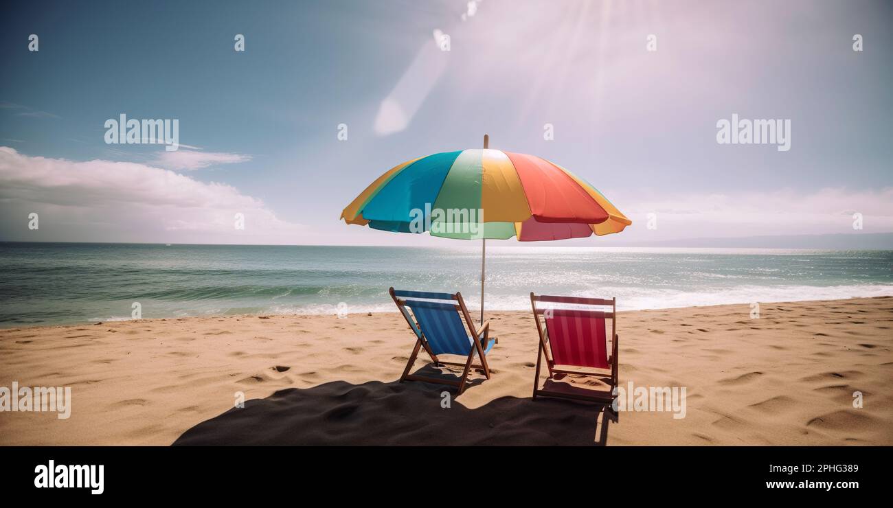 Beautiful beach banner. Amazing beach landscape. White sand, chairs and ...