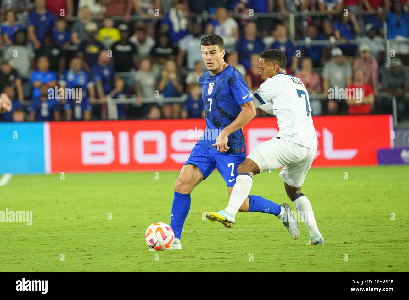 Orlando, Florida, March 27, 2023, USA forward Gio Reyna #7 makes a pass ...