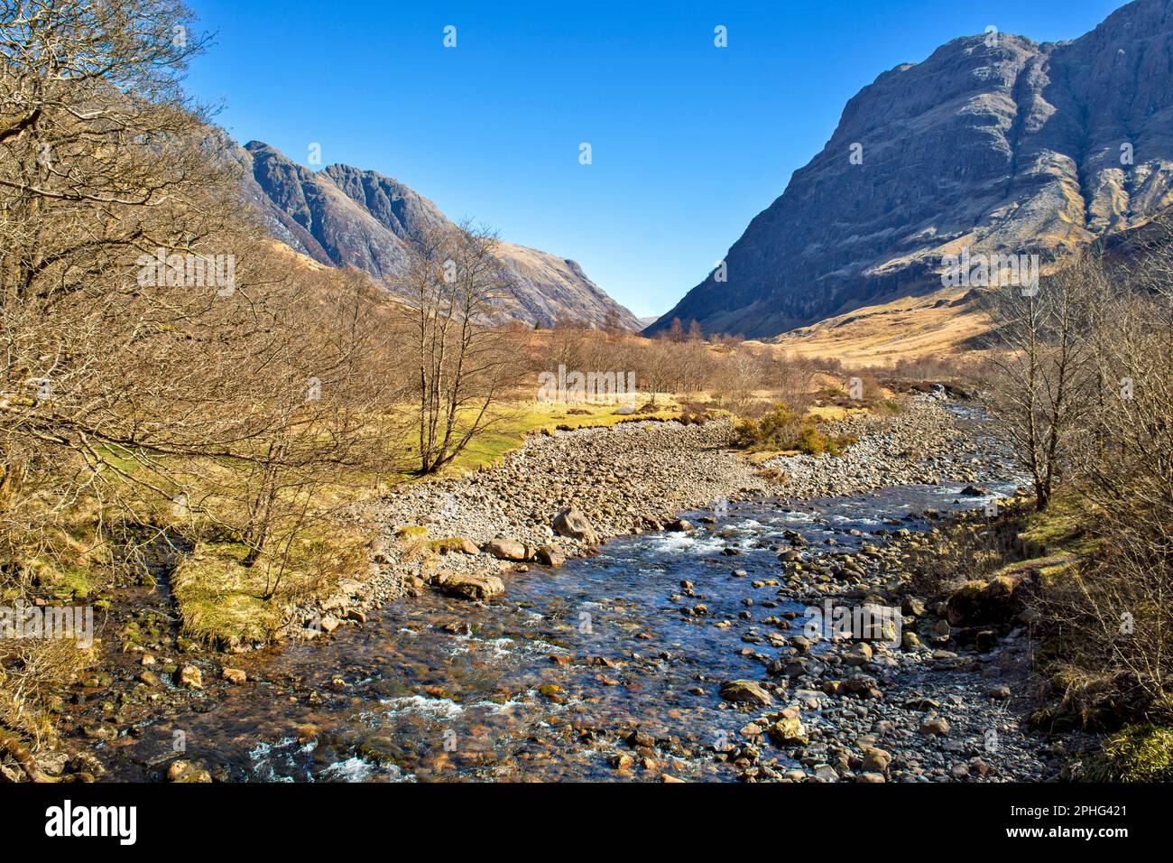 Glen Coe Highland Scotland view of the River Coe and the mountain ridge ...