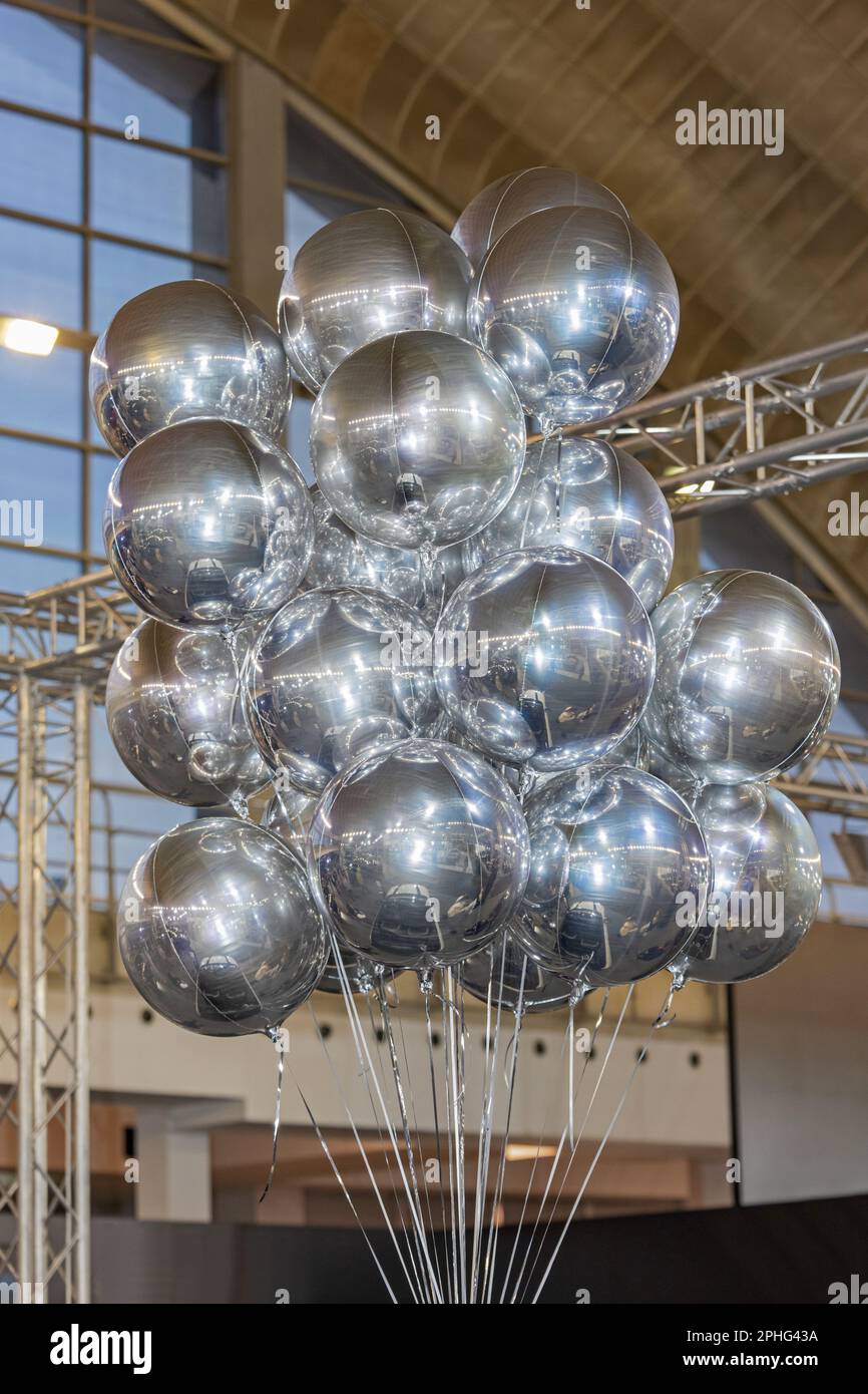 Cluster of Helium Filled Metallic Foil Silver Balloons in Hall Stock ...
