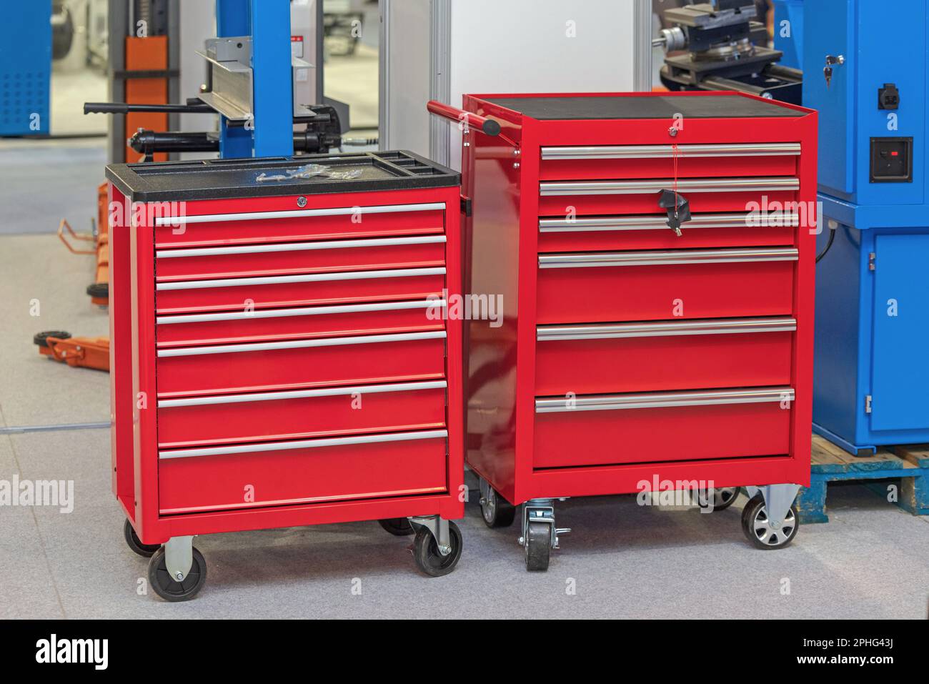 Rolling Red Tool Carts Drawers in Garage Workshop Stock Photo - Alamy