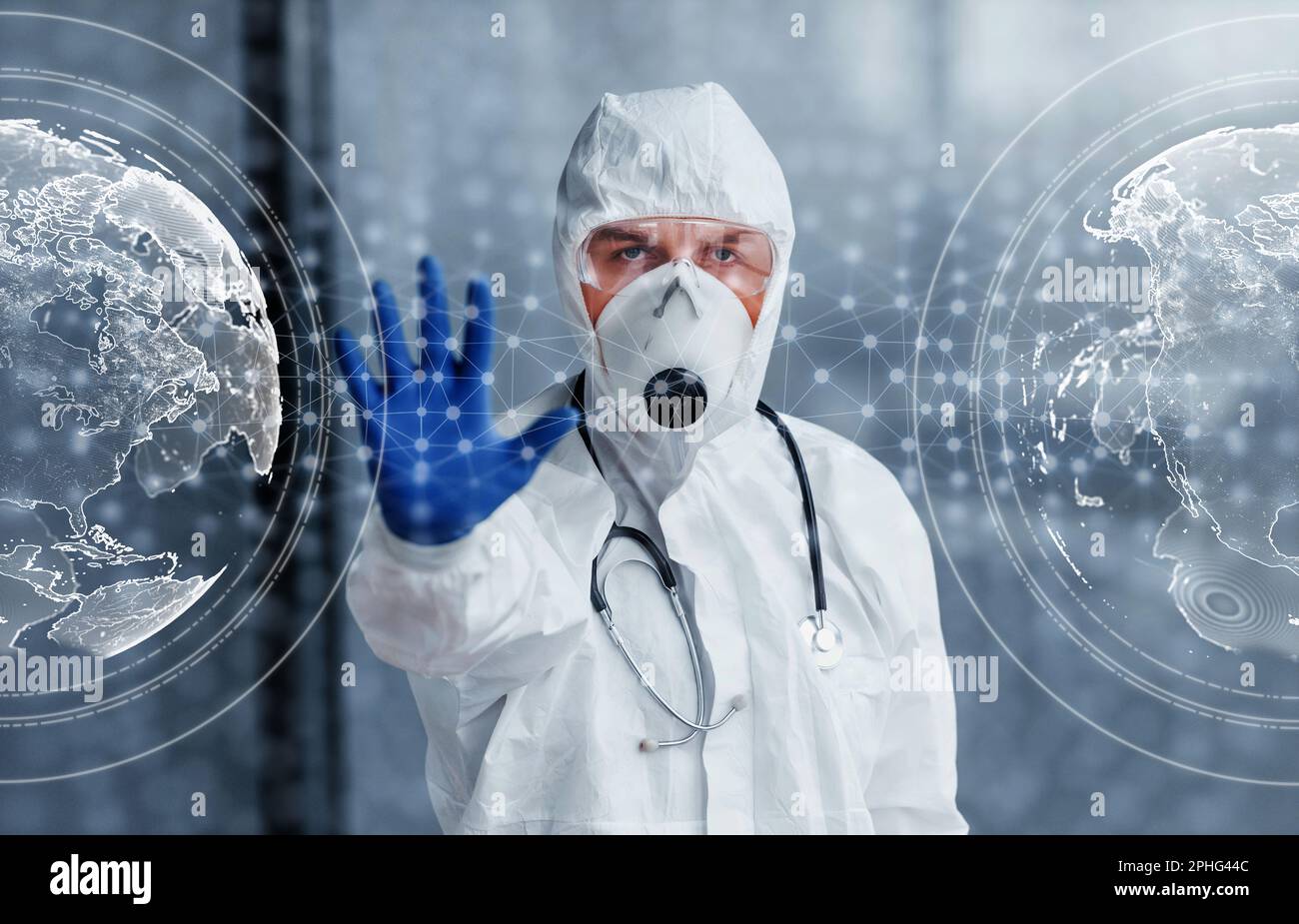 Digital world map on picture. Male doctor scientist in lab coat ...