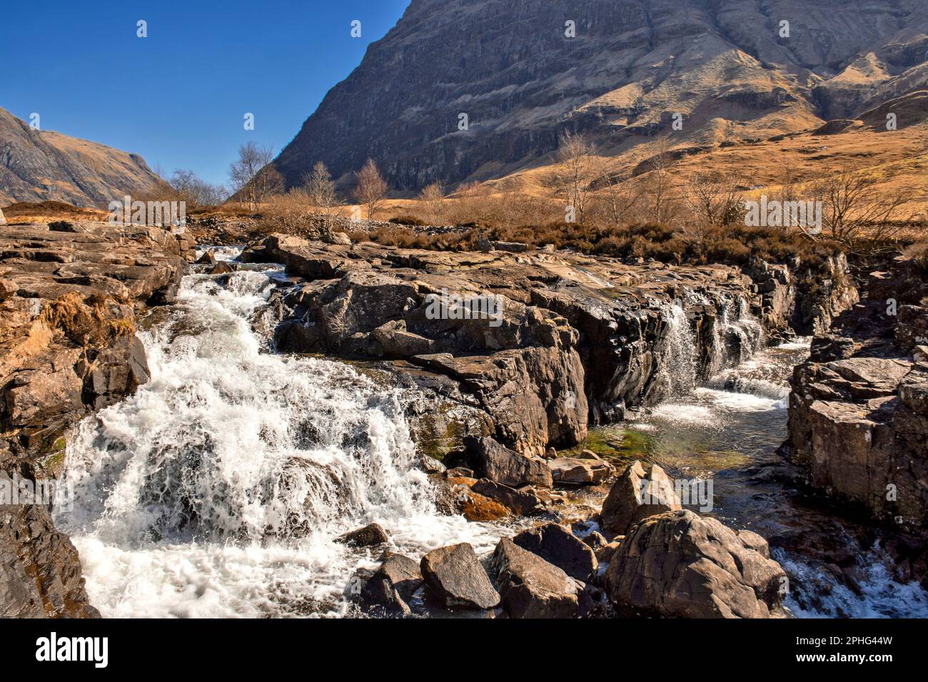 Glen Coe Highland Scotland view of the River Coe waterfalls Stock Photo ...