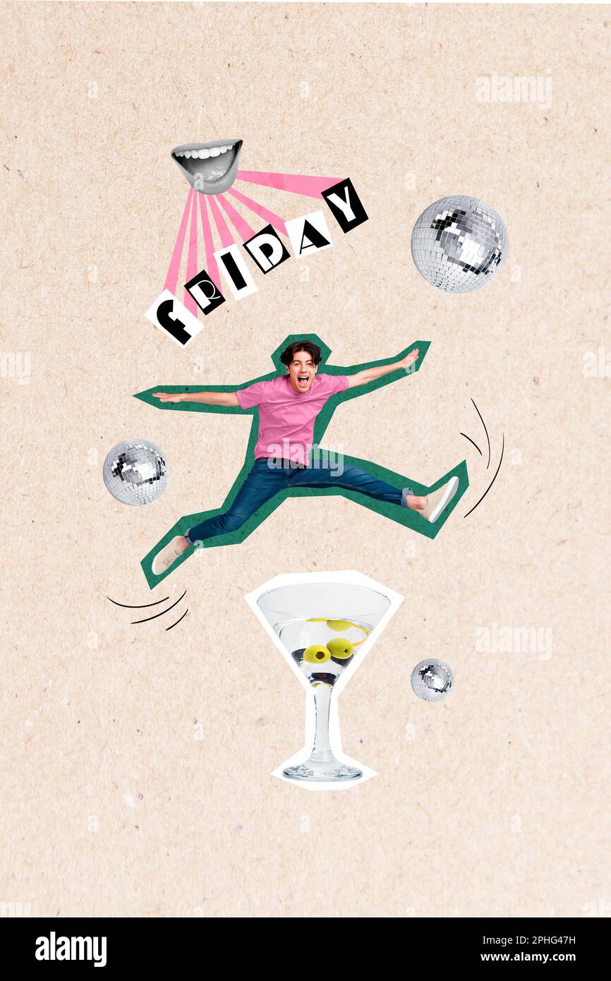 Collage picture young drunk guy jumping under big martini glass ...