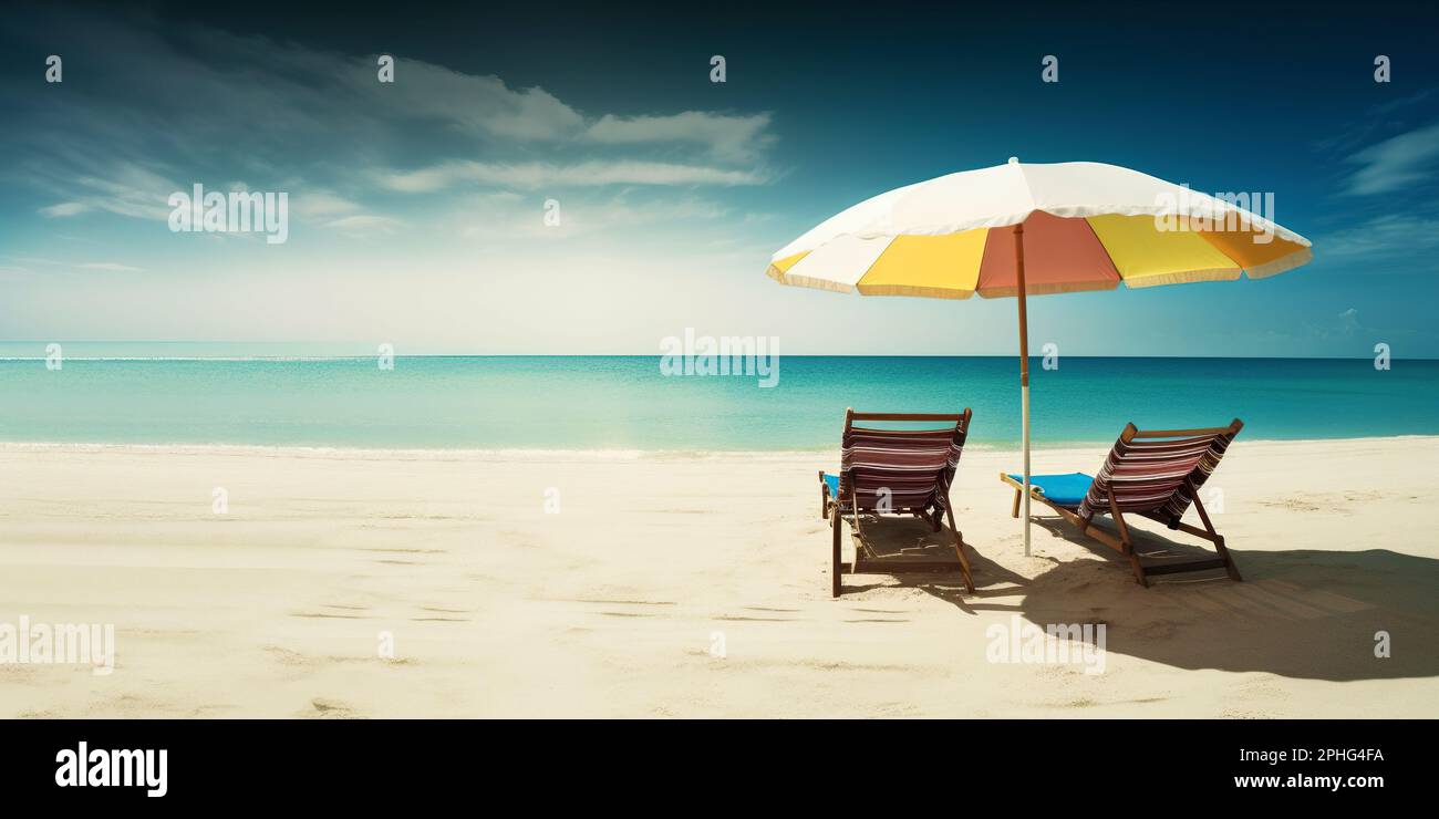 Beautiful beach banner. Amazing beach landscape. White sand, chairs and ...