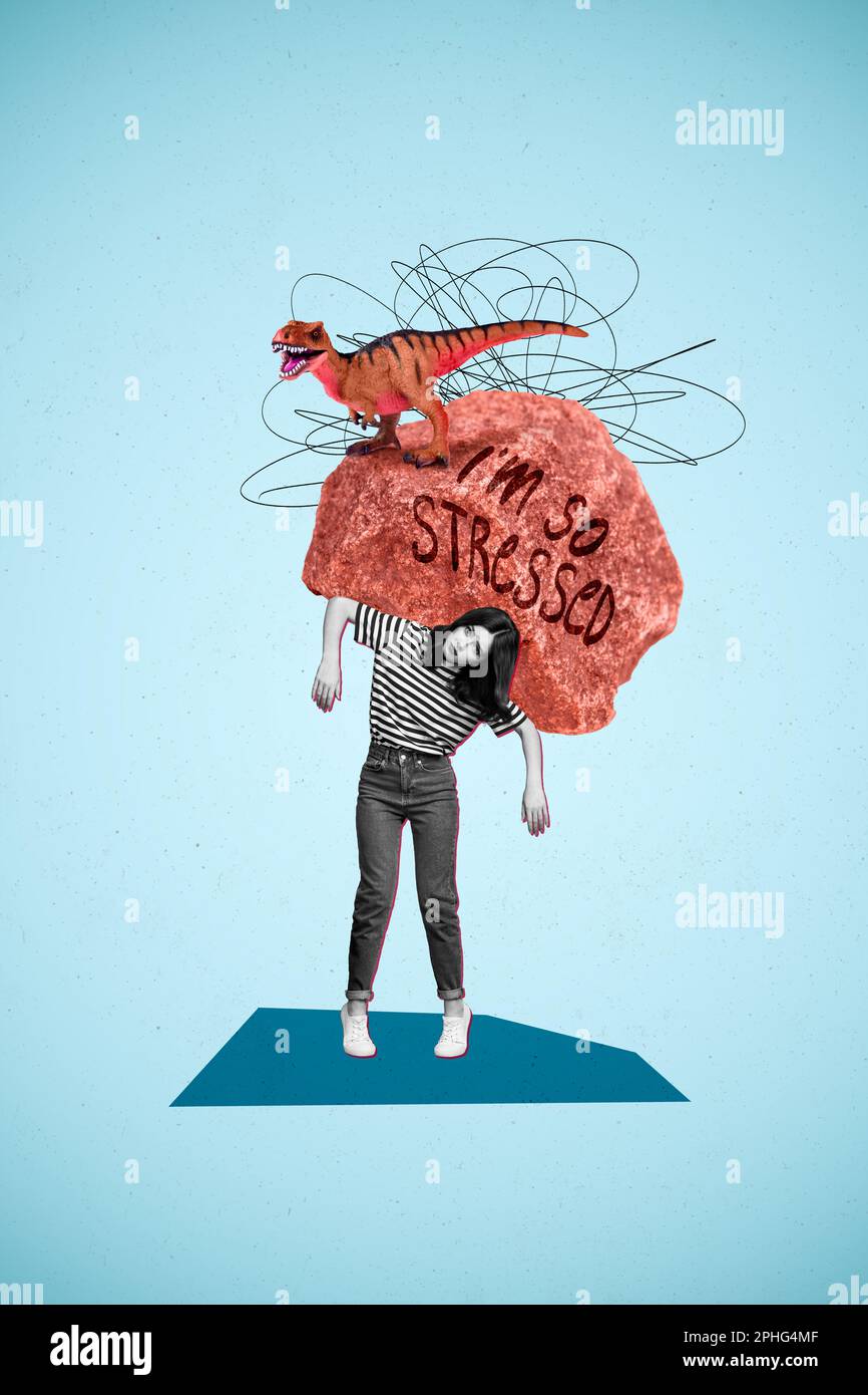 Weird surreal collage of stressed woman carry shoulders huge rock ...