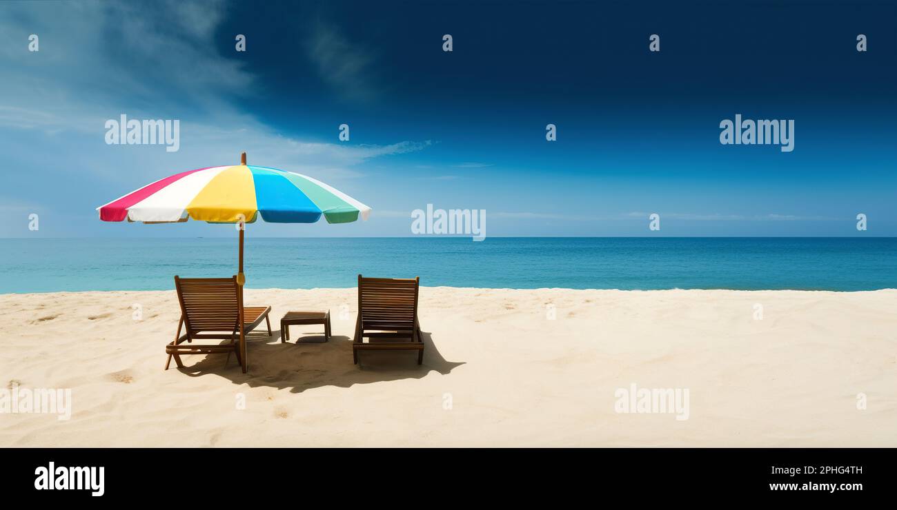 Beautiful beach banner. Amazing beach landscape. White sand, chairs and ...