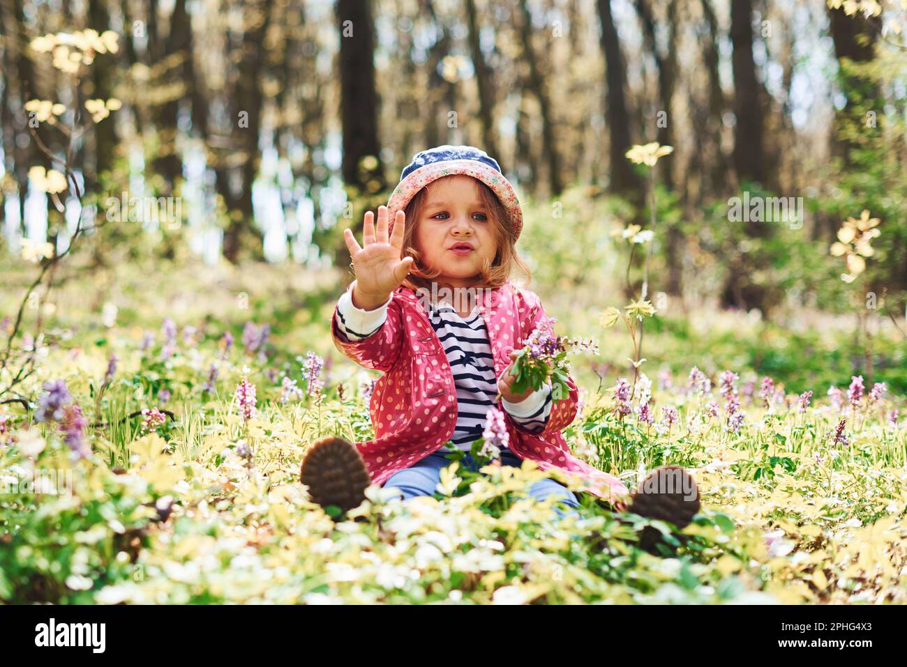 Happy little girl in blue hat have walk in spring forest at daytime ...