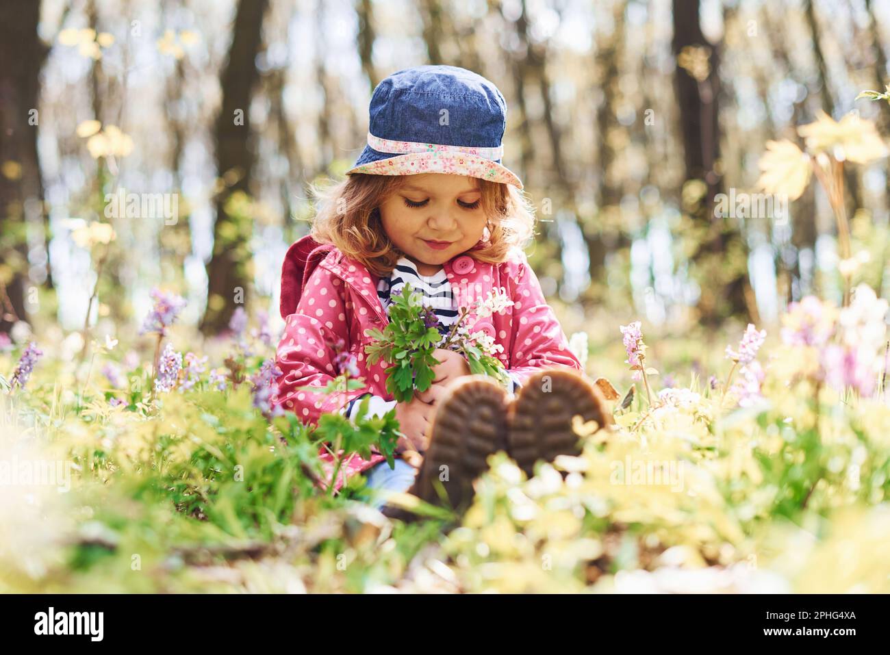 Happy little girl in blue hat have walk in spring forest at daytime ...