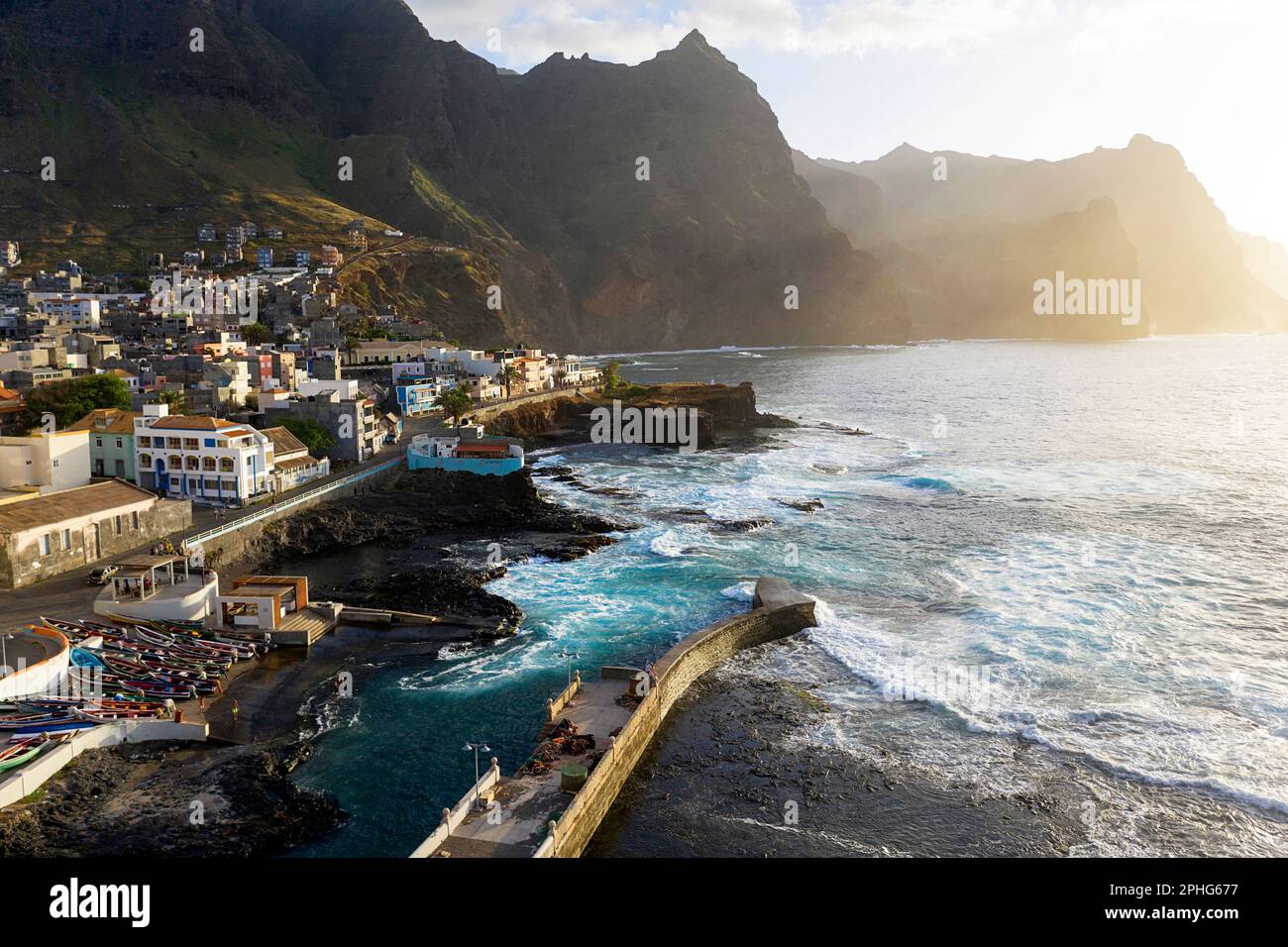 Aerial view of a harbour of Ponta do Sol in beautiful sunset light with ...