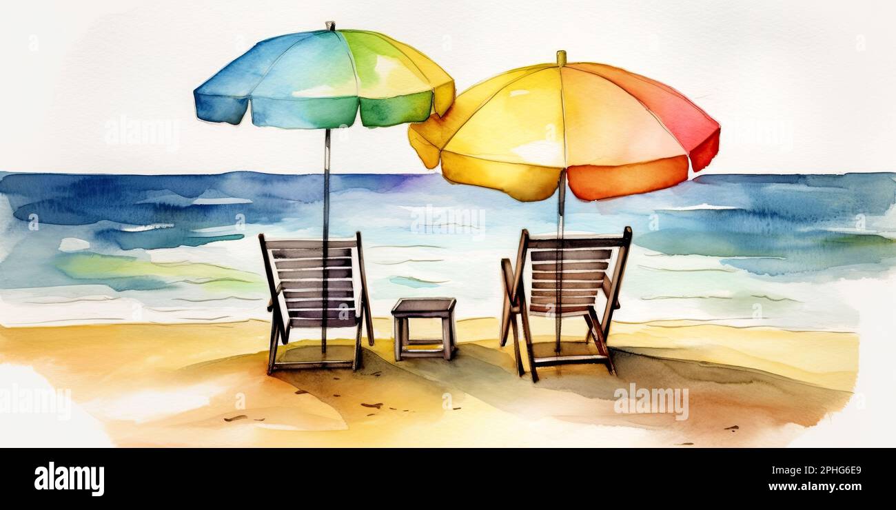 Beautiful beach banner. Amazing beach landscape watercolor painting ...