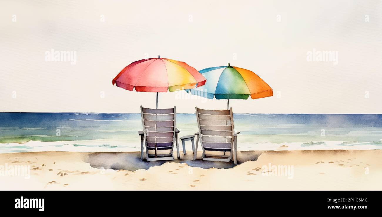 Beautiful beach banner. Amazing beach landscape watercolor painting ...