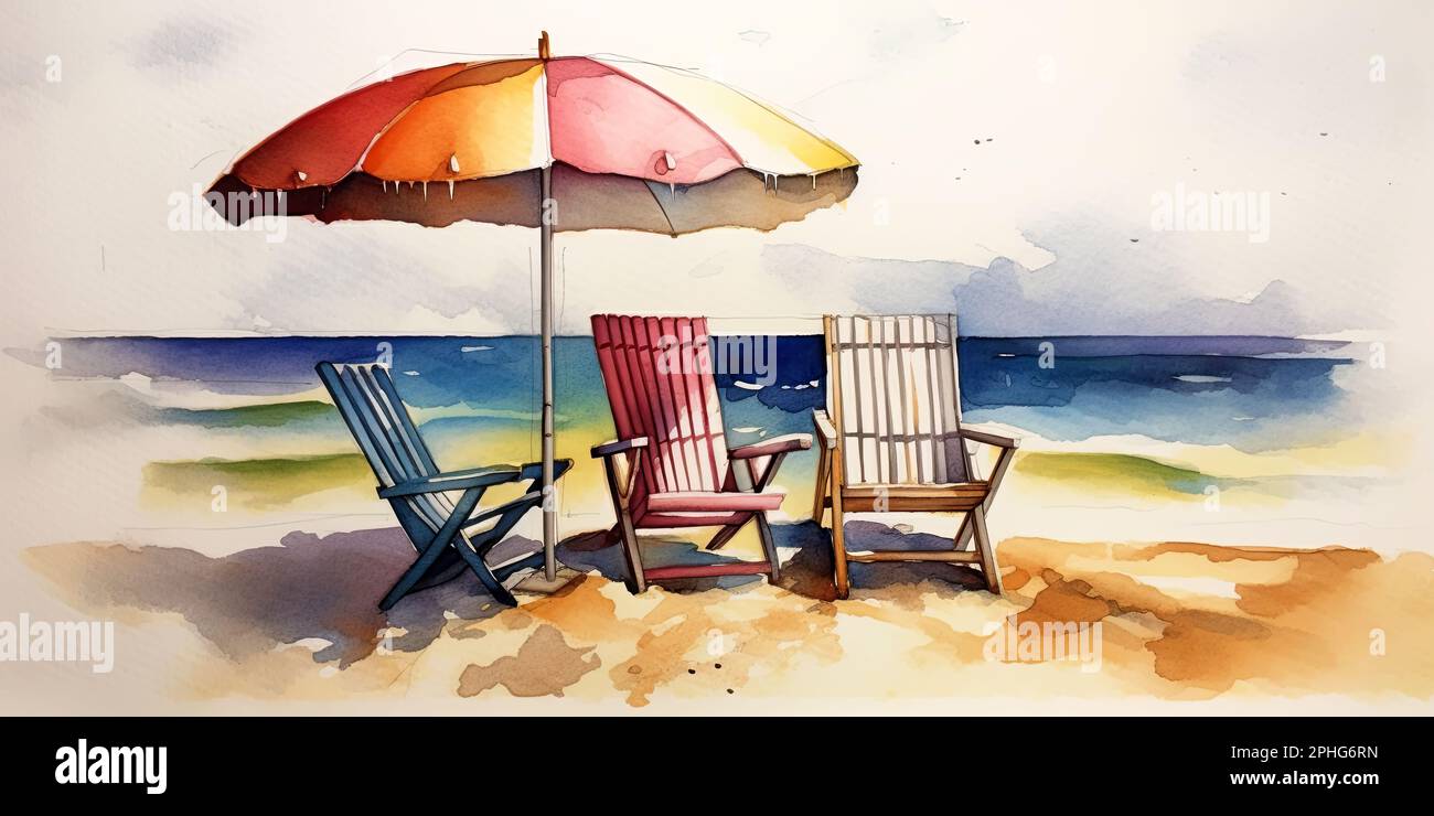 Beautiful beach banner. Amazing beach landscape watercolor painting ...